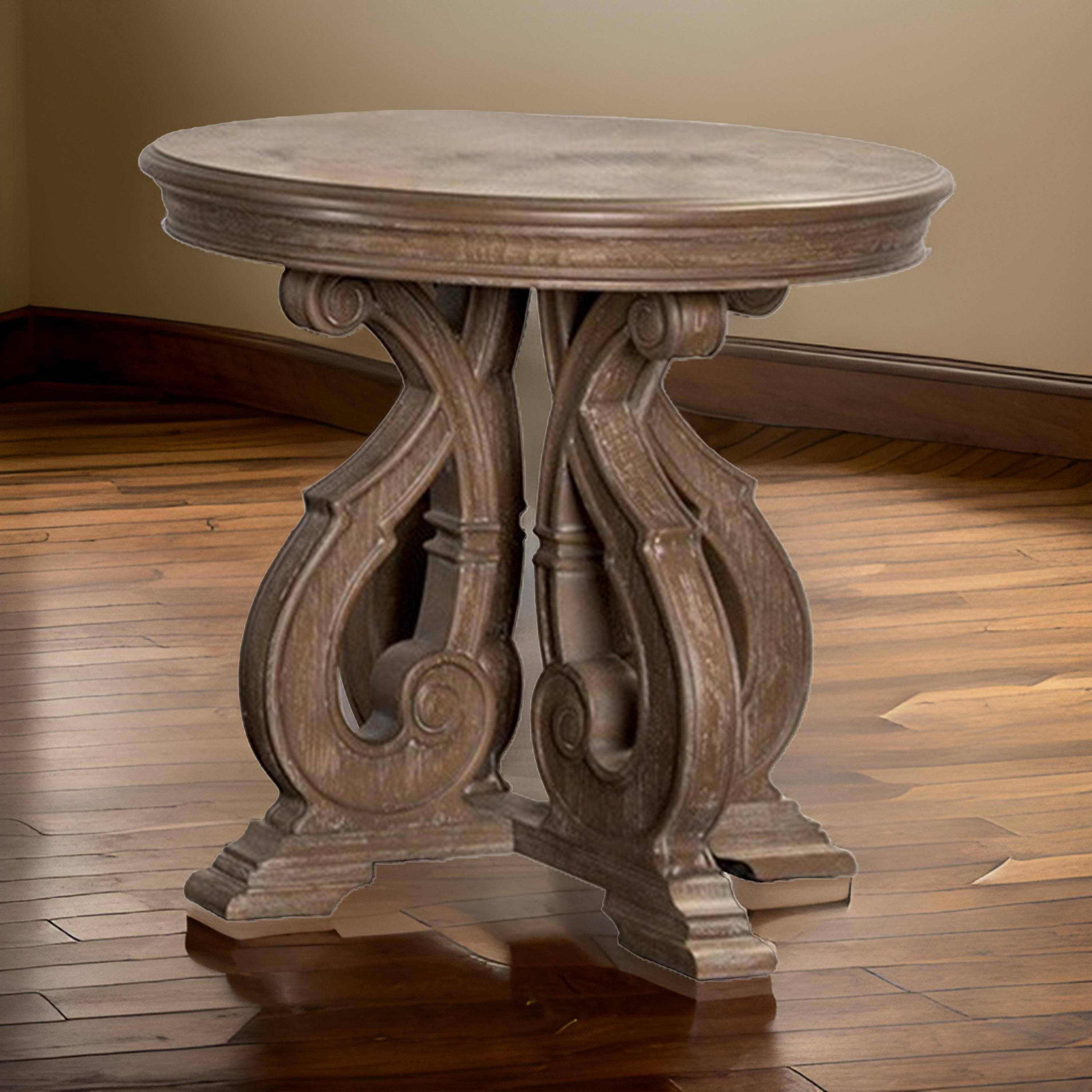 Benjara Gia Side End Table, 27 Inch Round Top, Carved Details, Brown Solid Wood | Wayfair