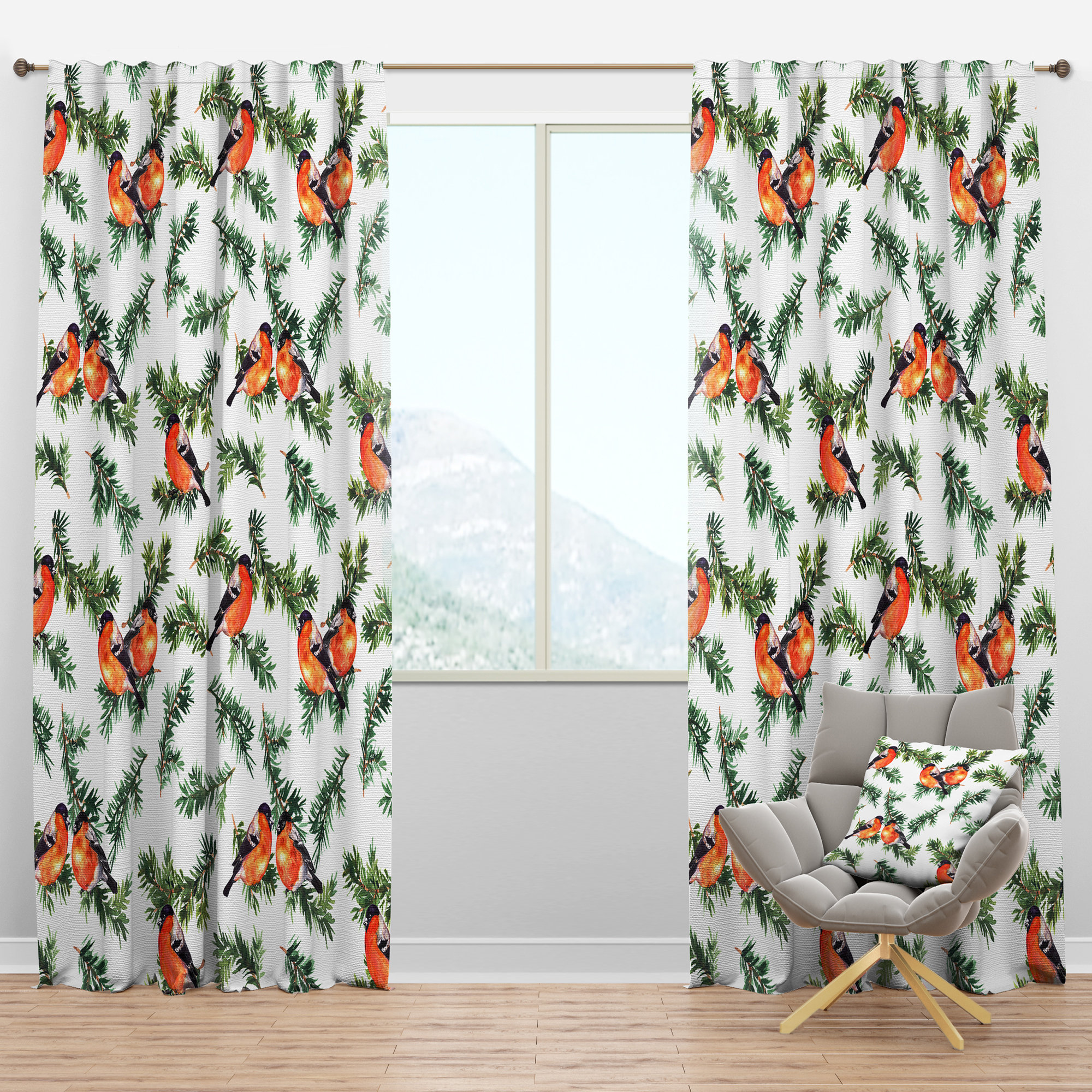 Design Art Robin Birds On Pine Branch - Traditional Velvet Curtain ...