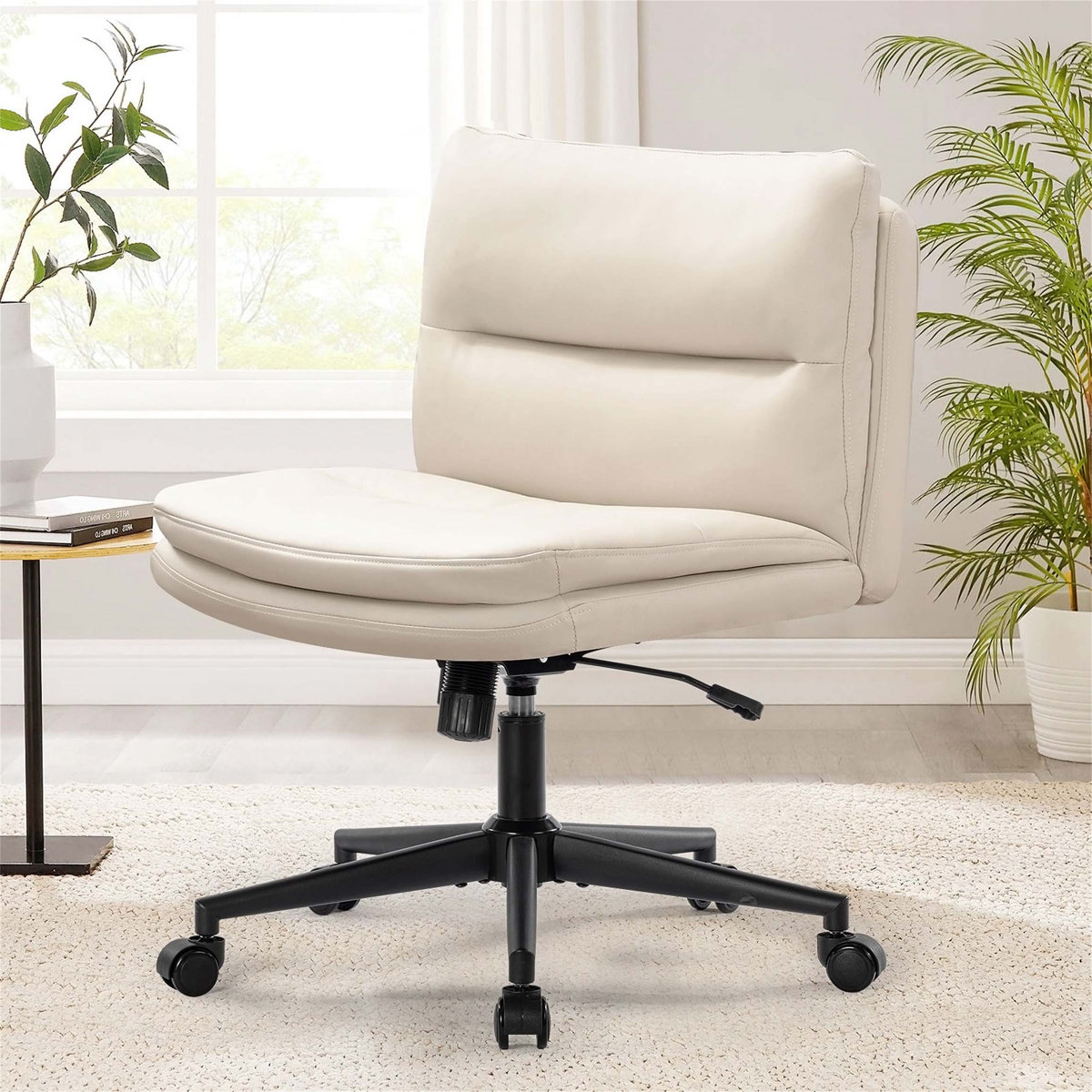 Wrought Studio™ Office Chair Armless Desk Chair with Wheels, PU Padded ...