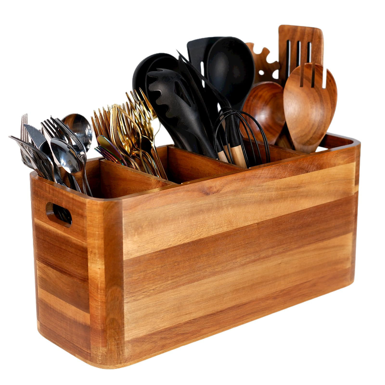 XMVJHOME Acacia Wood Utensil Holder For Kitchen - 4 Compartments, Large Capacity, Wall-Mountable ...