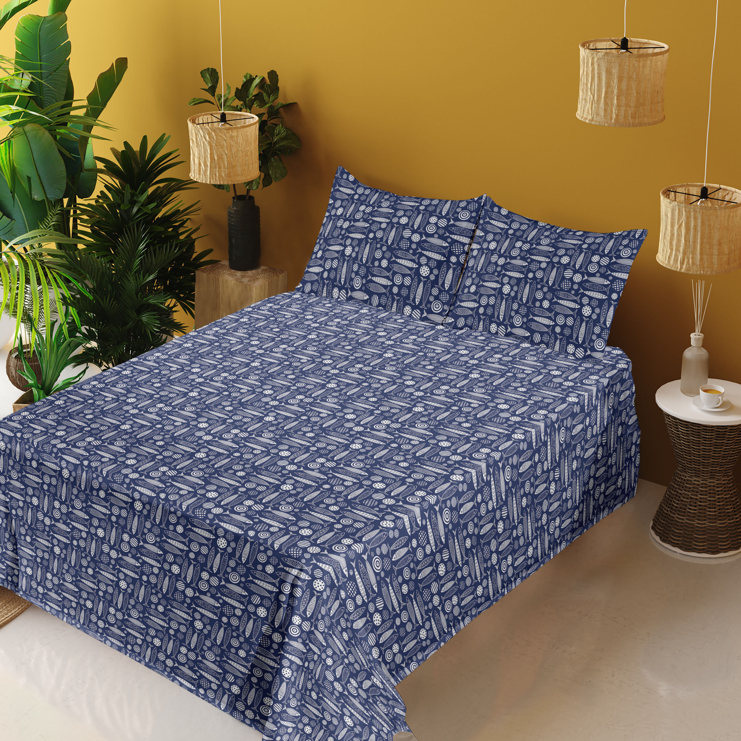 Ambesonne Marine Sheet Set Bohemian Style Fish Print Indigo and White ...