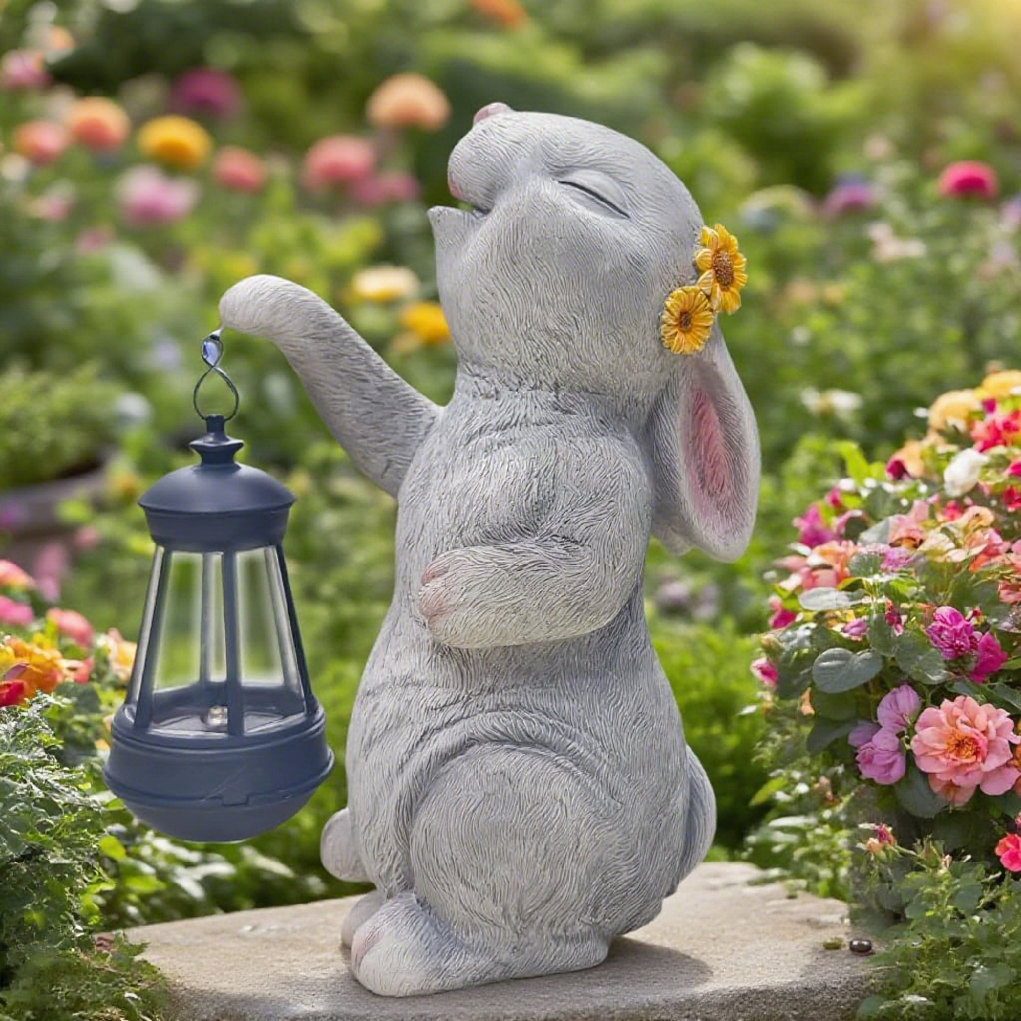 Trinx Solar Rabbit Garden Statue With LED Lantern - Waterproof Resin ...