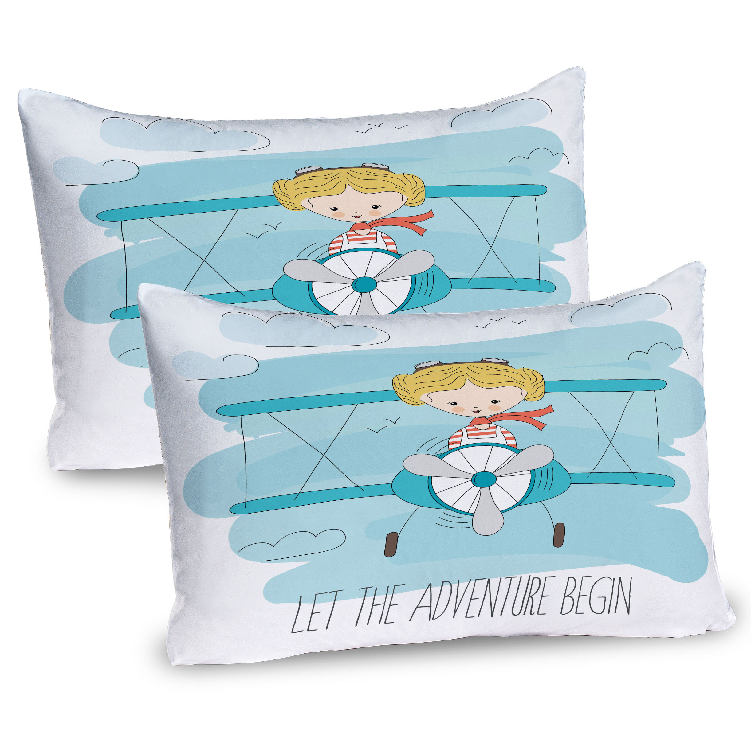 Ambesonne Adventure Pillow Sham 2 Pack Girl on Plane Dark Coral Pale ...