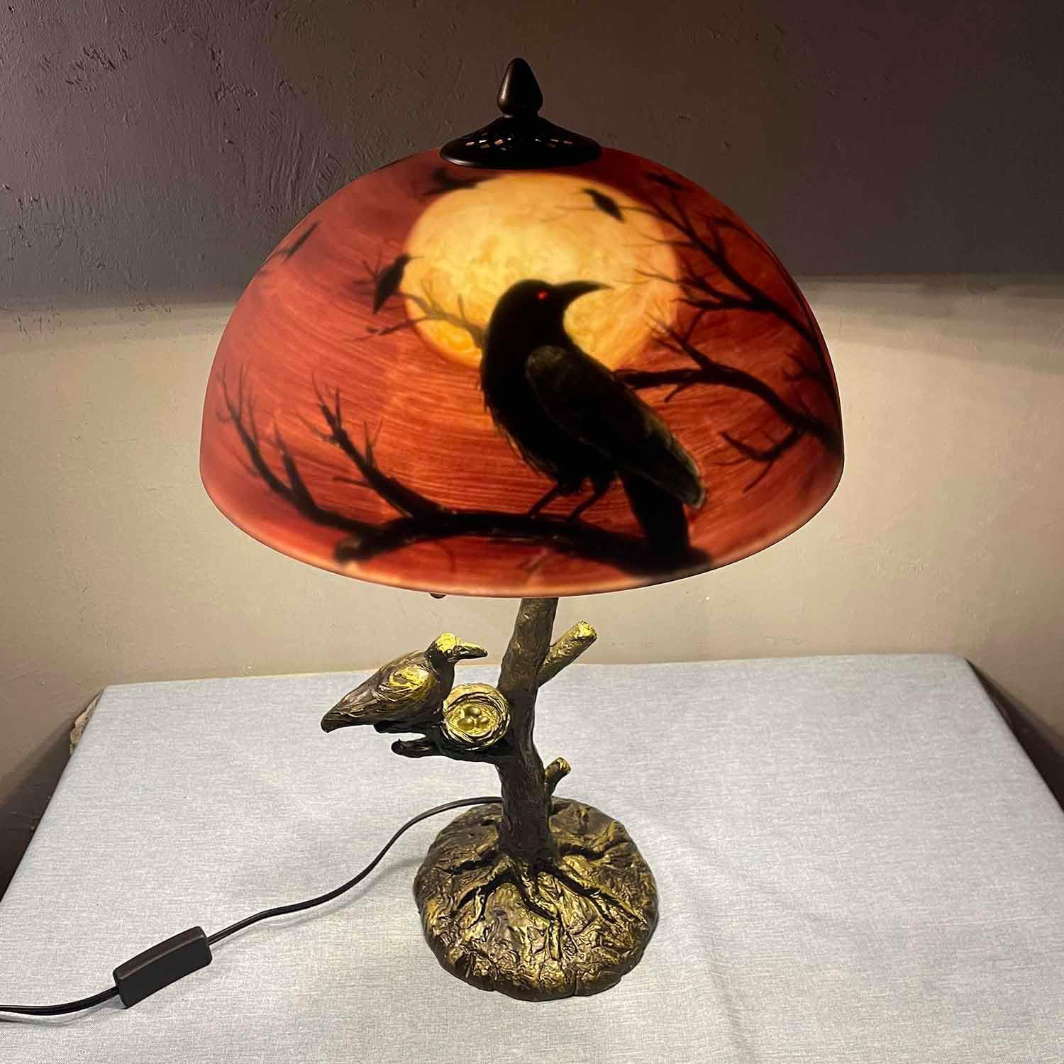Co-t Hand-Painted Glass Table Lamp With Ravens And Full Moon Design ...