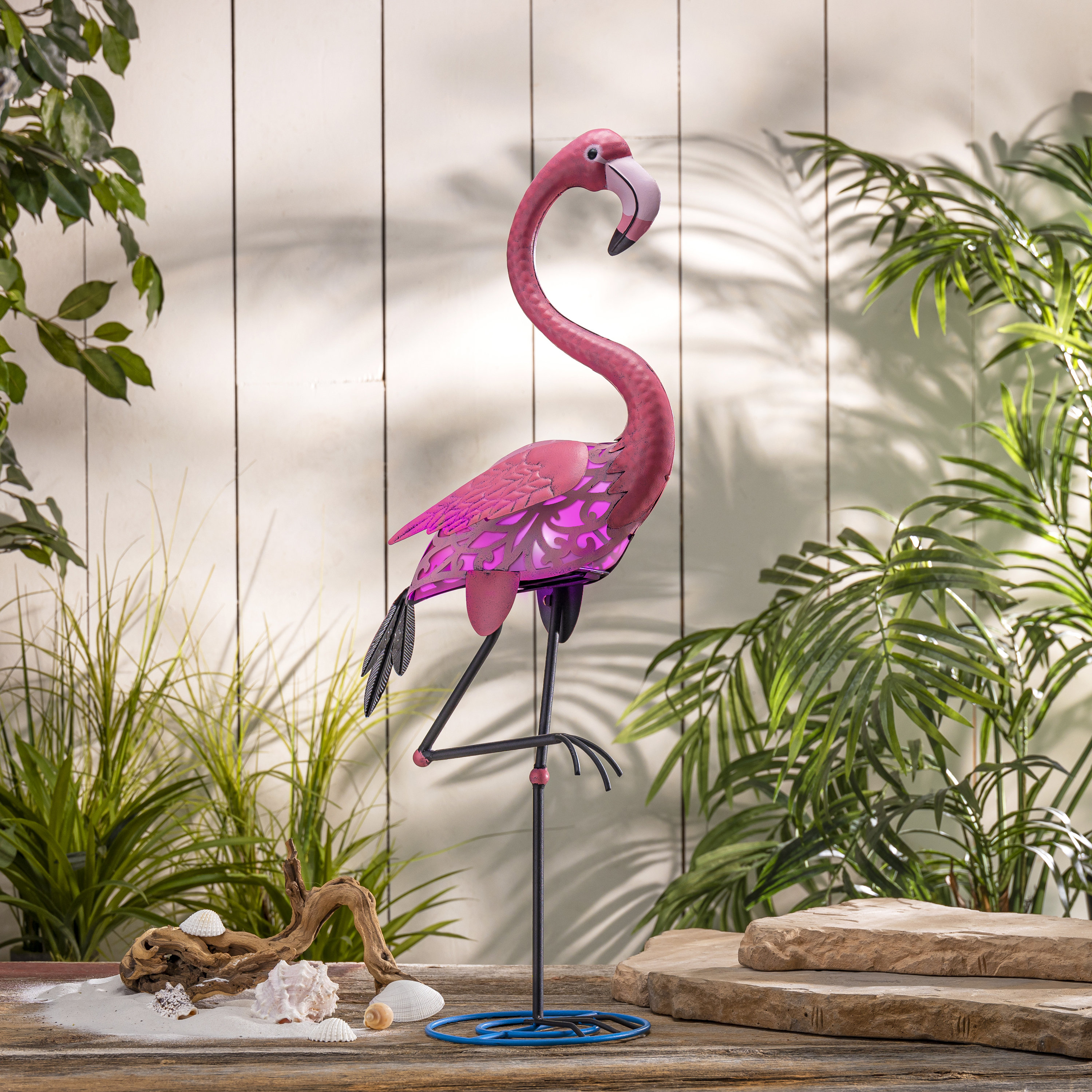 Bayou Breeze 31.3 In. Solar Powered Metal Flamingo Lawn Decor | Wayfair