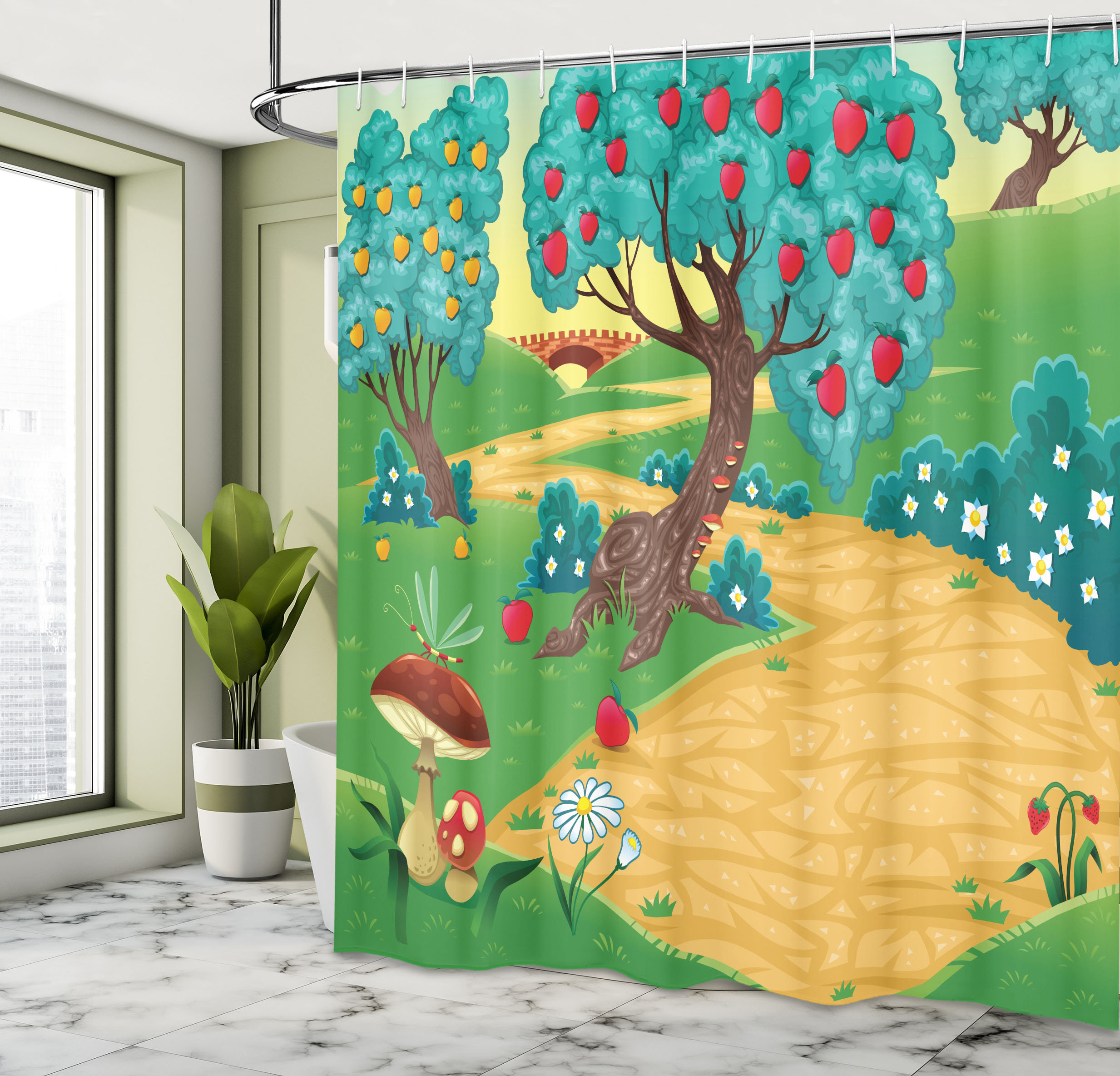 East Urban Home Spring Shower Curtain Apple Tree and Dragonfly | Wayfair