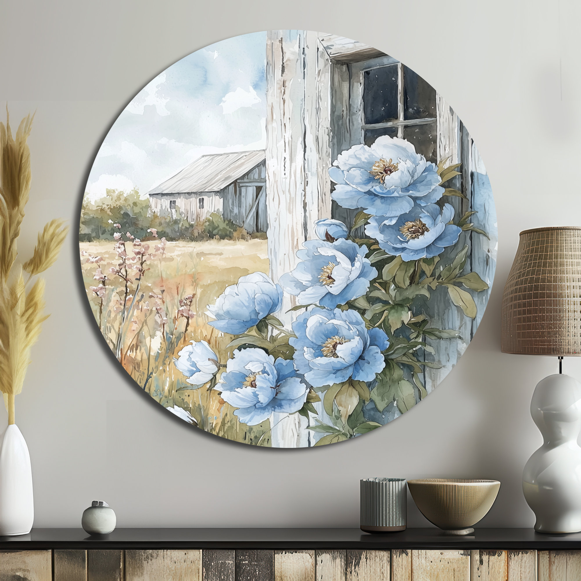 August Grove Powder Blue Peonies By The Barn - Peonies Round Metal Wall ...