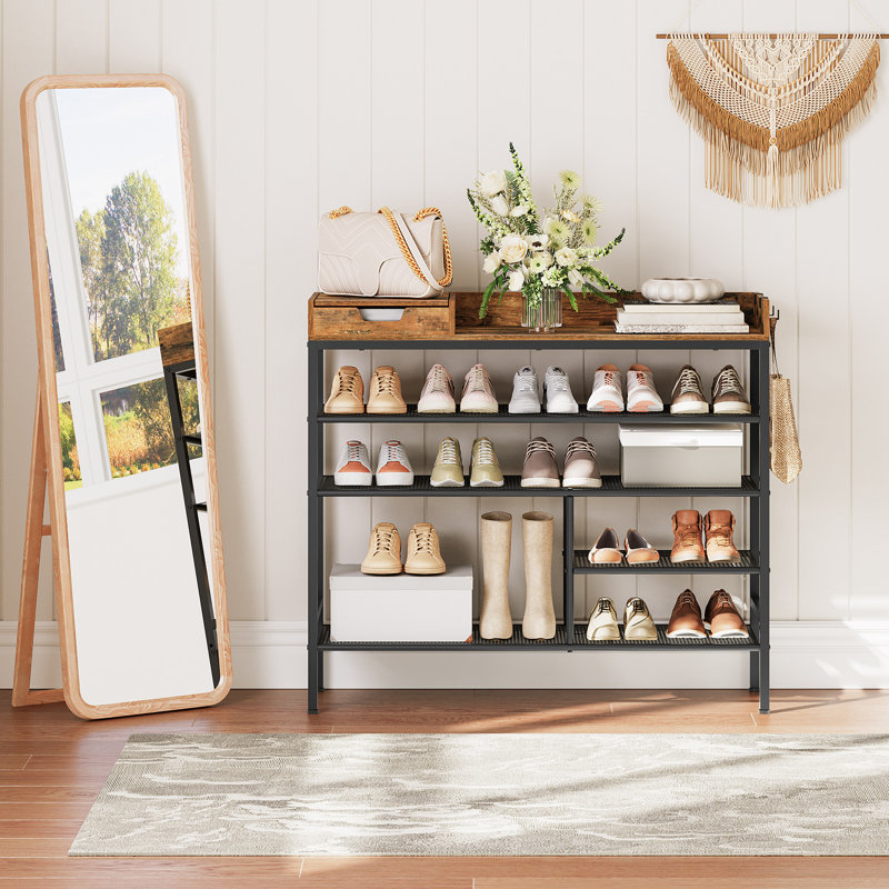 17 Stories 5 Tier 18 Pair Shoe Rack With Storage Box and Hooks ...