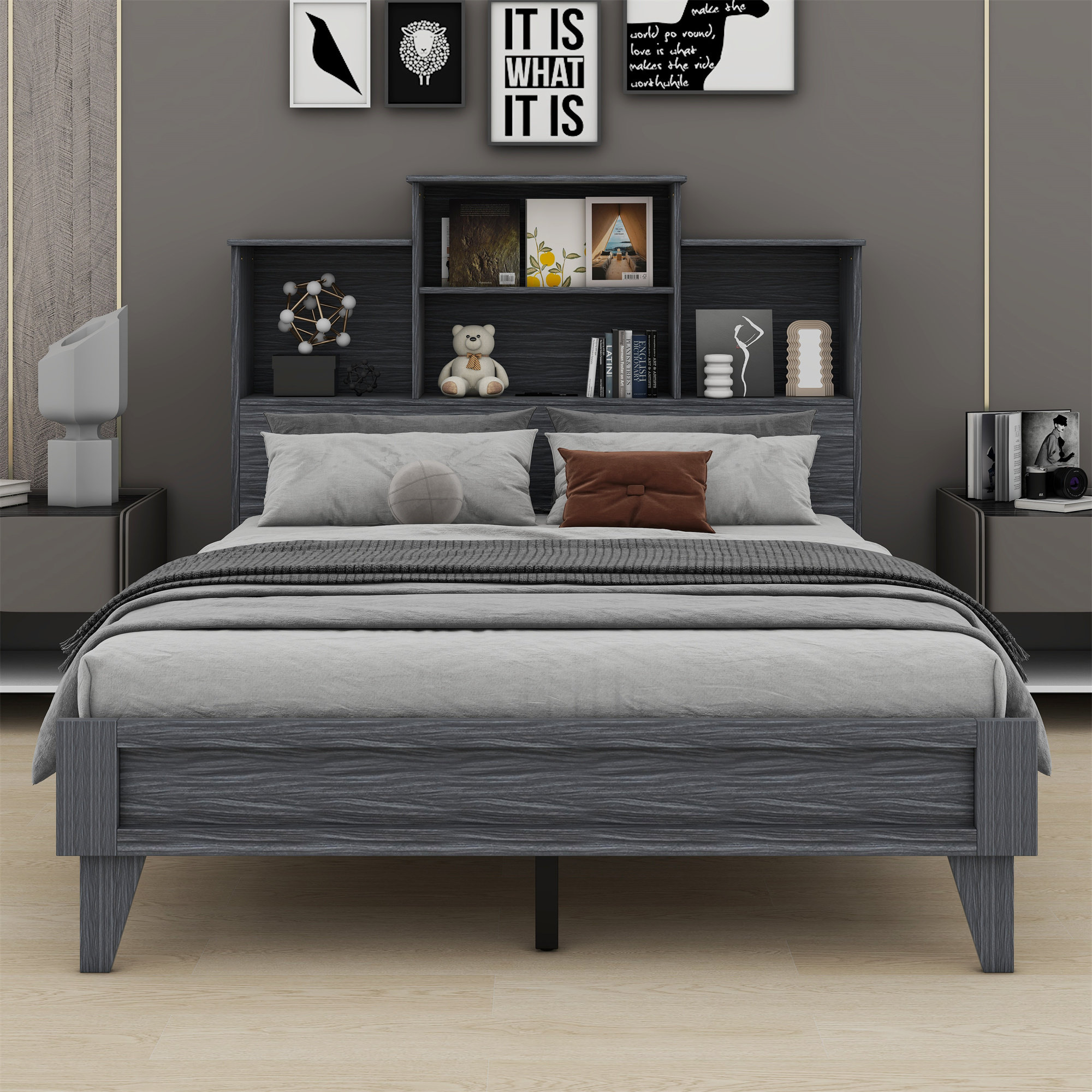 ROYALIFIC Storage Platform Bed Frame With 4 Open Storage Shelves And ...