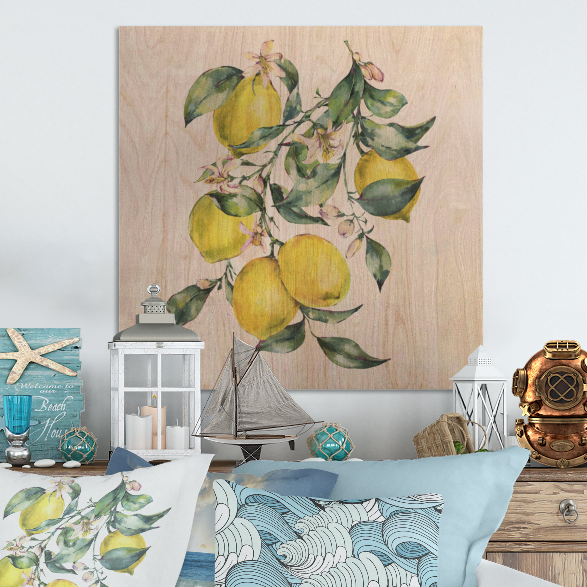 August Grove® Branch of Yellow Lemons and Leaves I - Tropical Wood Wall ...