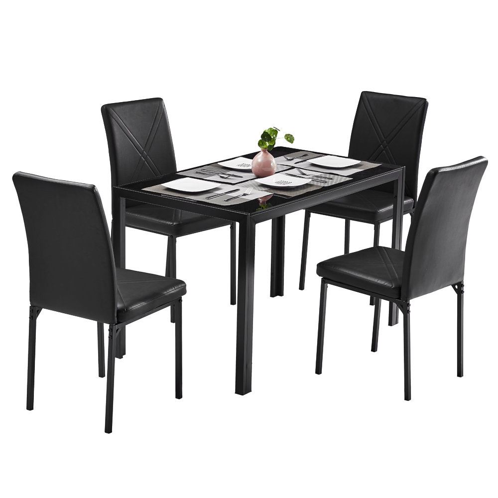 Ebern Designs 4 Seats Rectangular Dining Table Tempered Glass Iron Tube ...