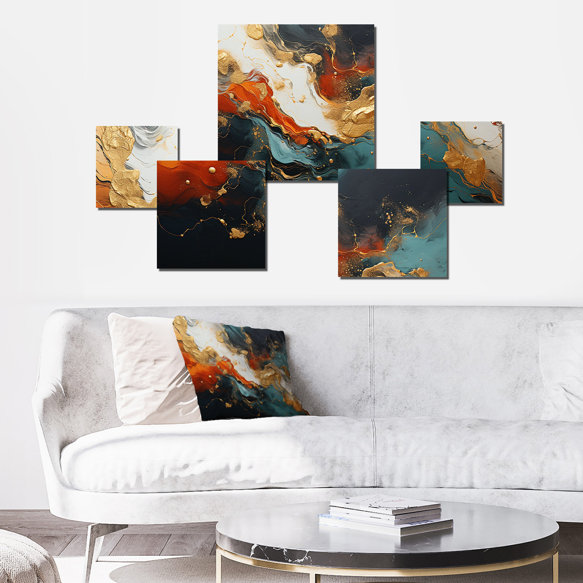 Mercer41 Blue And Golden Marble Storm II - Abstract Square Wall Art Set ...