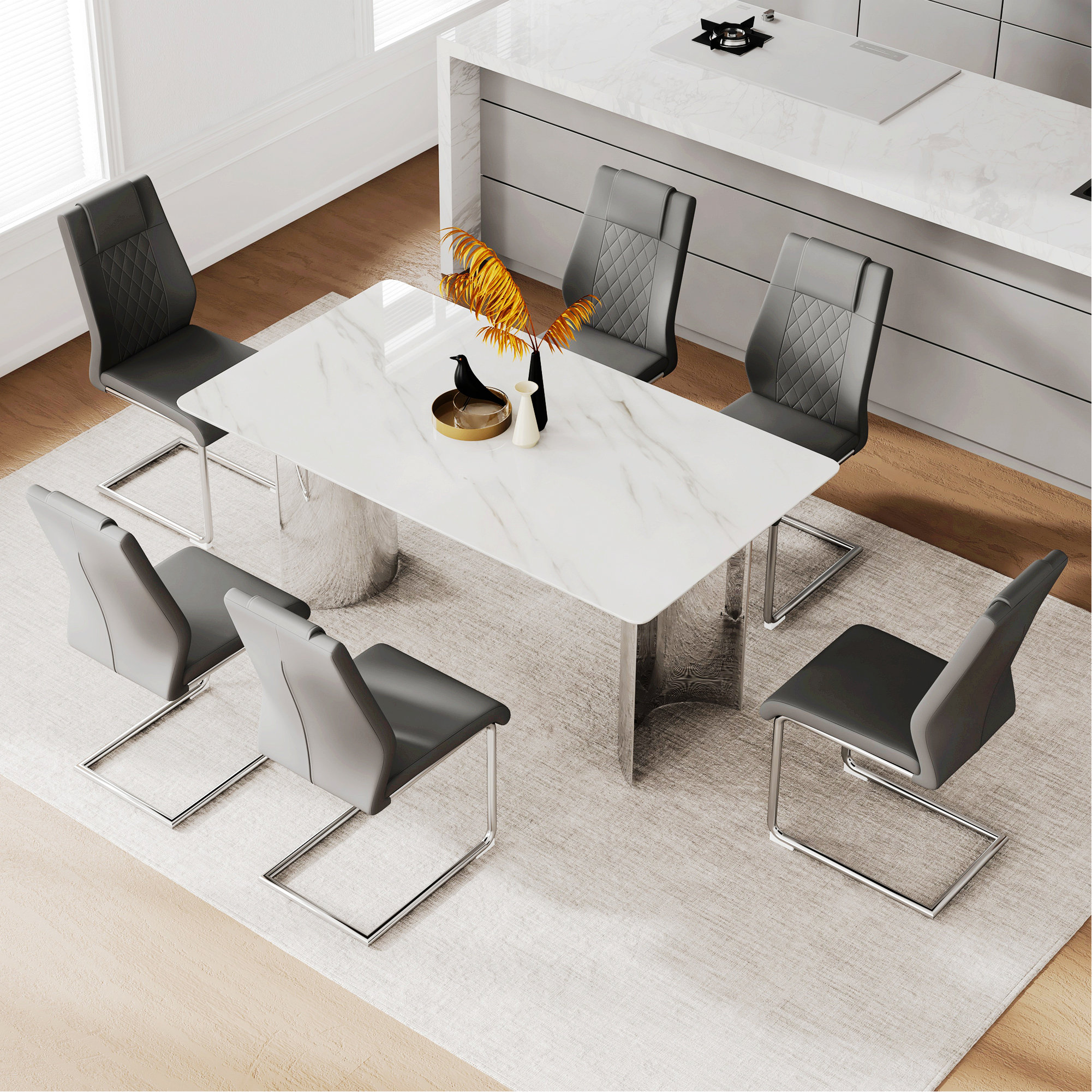 Ivy Bronx Modern Minimalist Marble Textured Rectangular Dining Table ...