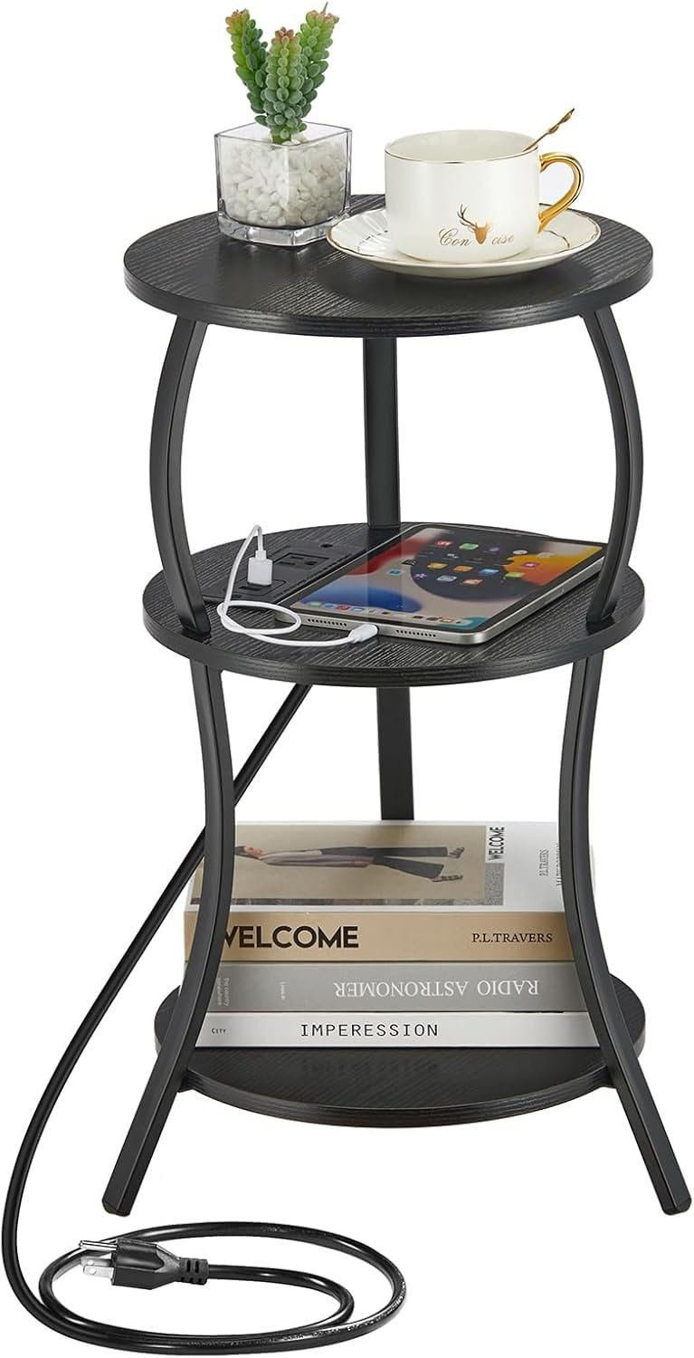 Latitude Run® Round Charging Side Table - 3-Tier Compact Table with USB ...