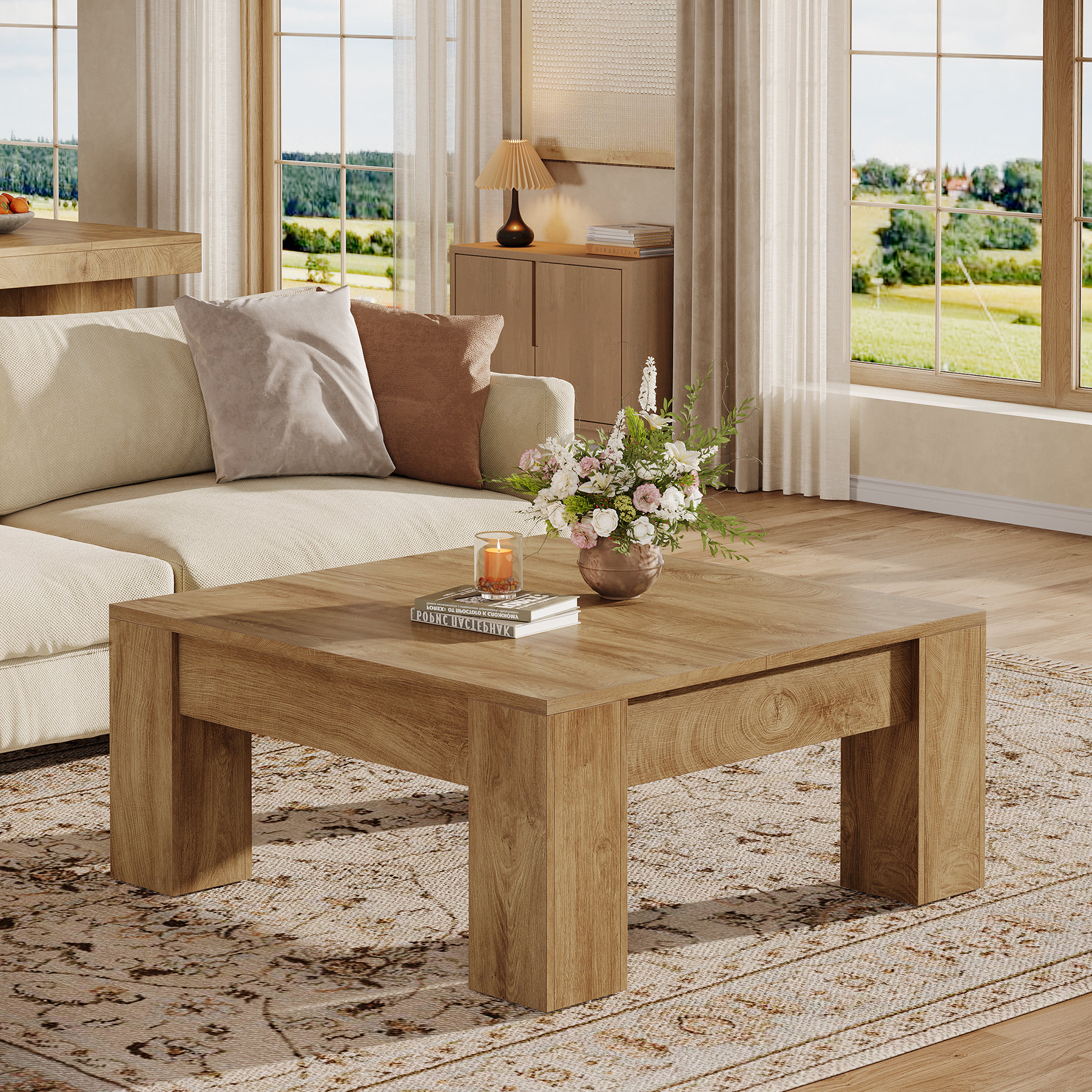Blue Elephant 39" Square Farmhouse Coffee Table, Rustic Living Room ...