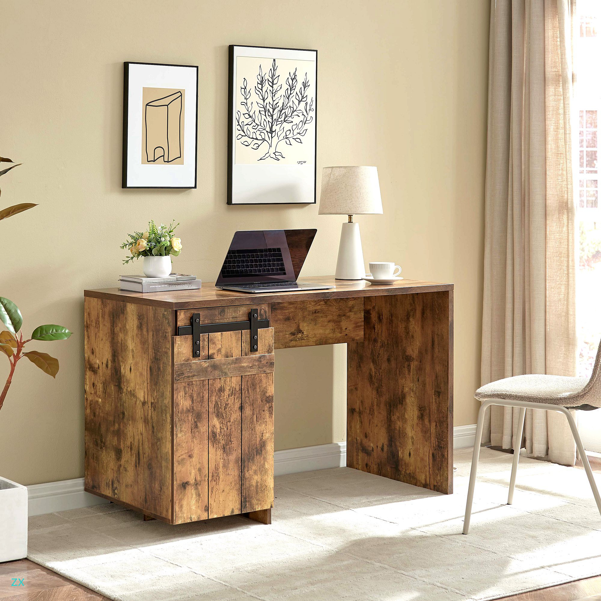 Gracie Oaks Home Office Desk Distressed Wood One Cabinet Three Shelves ...