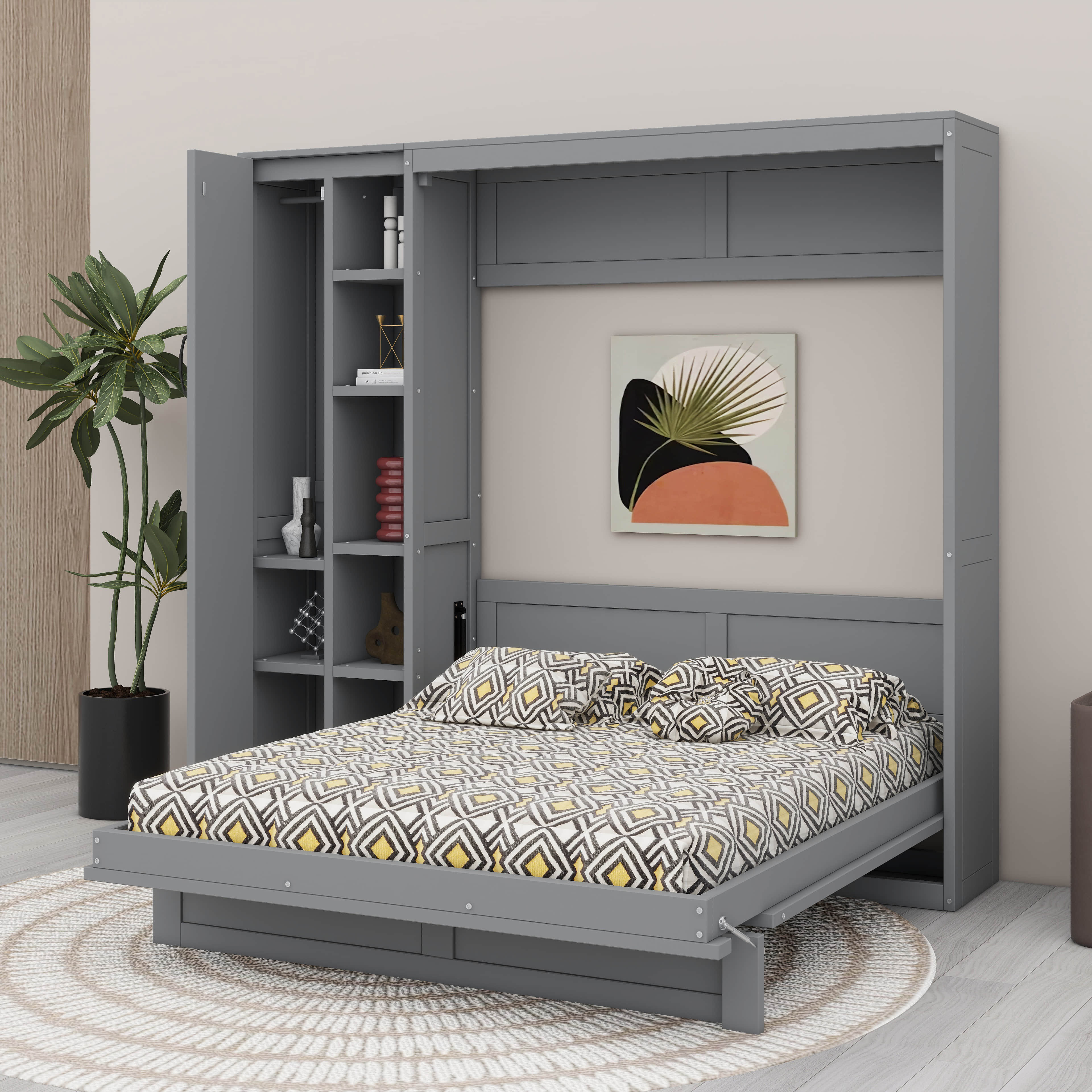 Hokku Designs Murphy Wall Bed With Integrated Storage, Shelving & LED ...