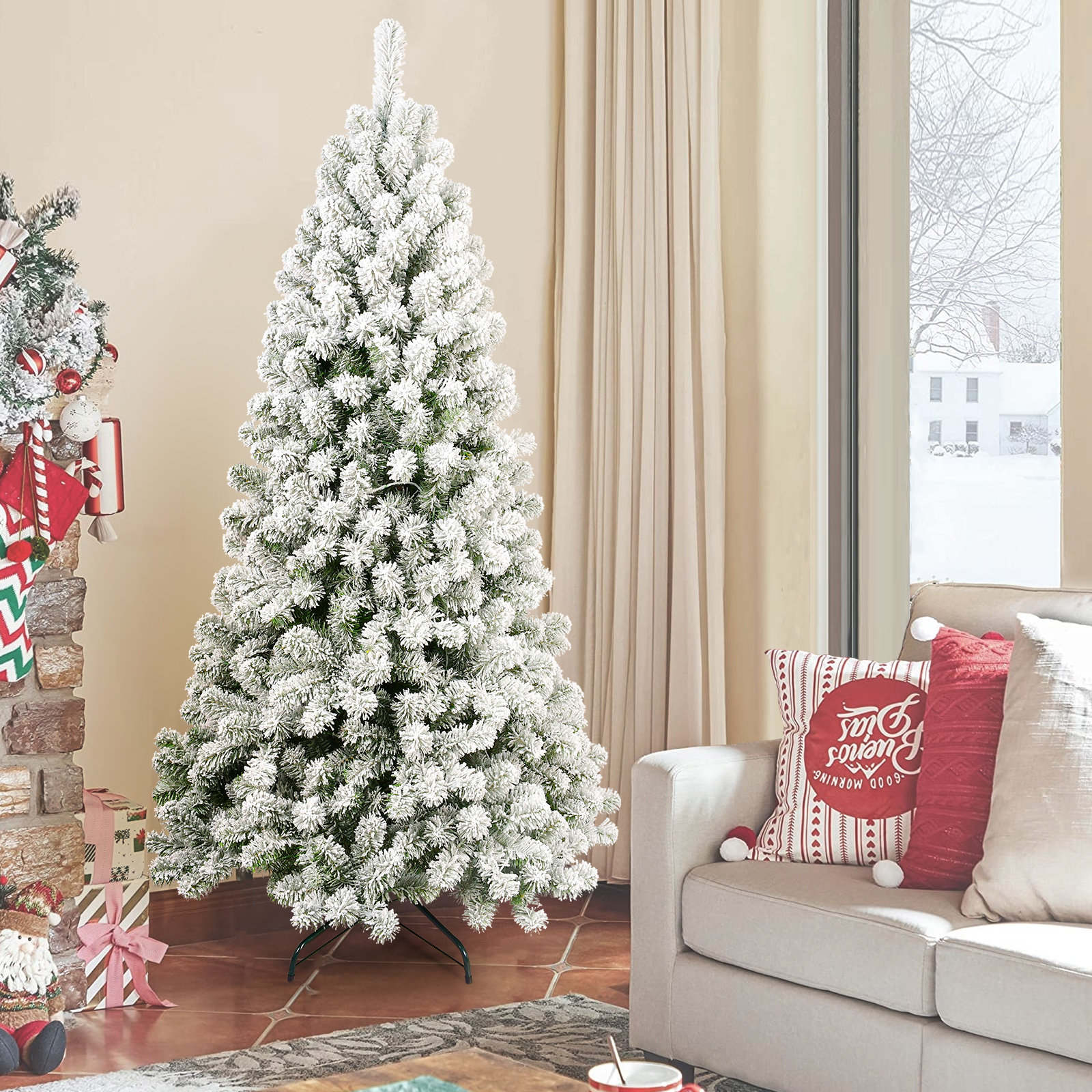 The Holiday Aisle® White Flocked Christmas Tree, Artificial Snowfield ...