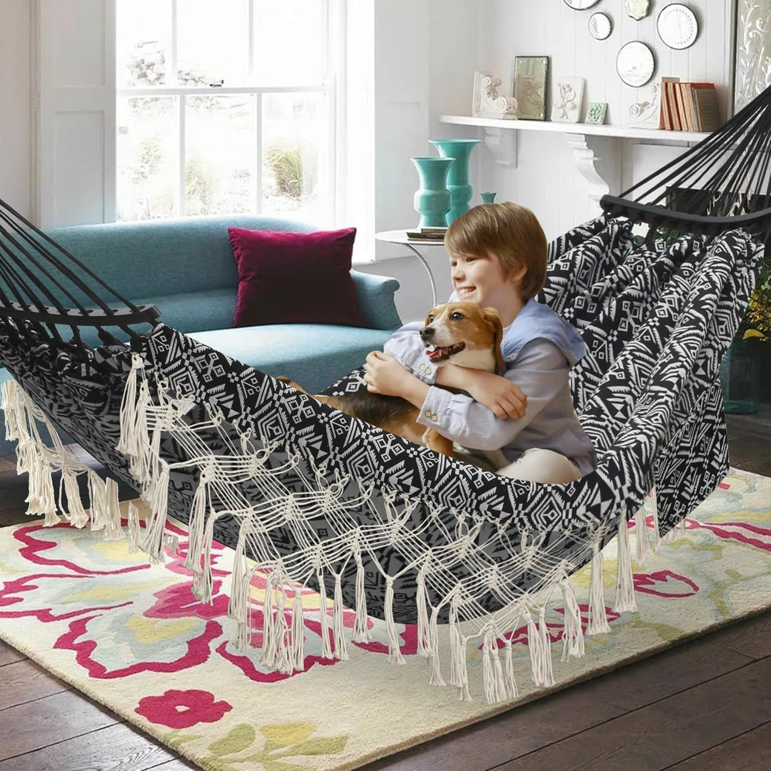 Arlmont & Co. Indoor Hammock with Macrame Fringe for 2 Persons,Double ...