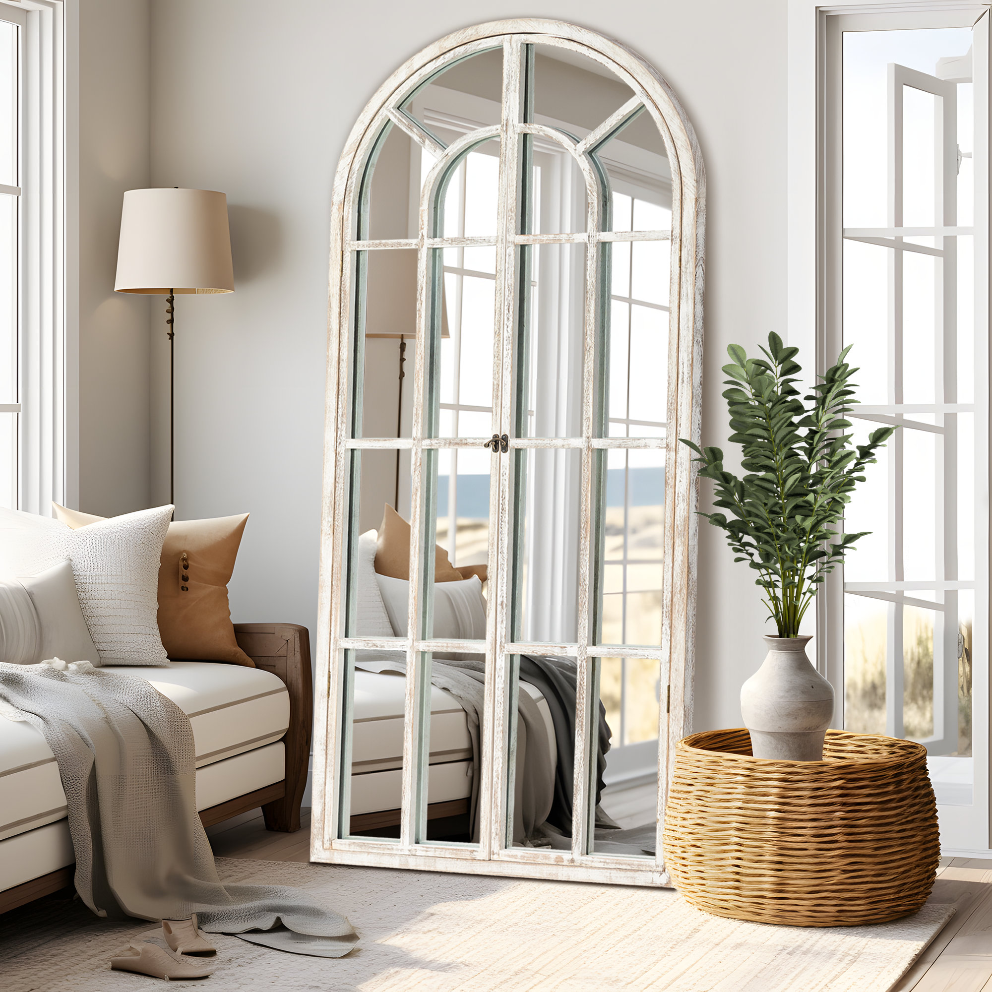 One Allium Way® Abshier 71"×31" Arch Wood Accent Mirror Window Pane ...