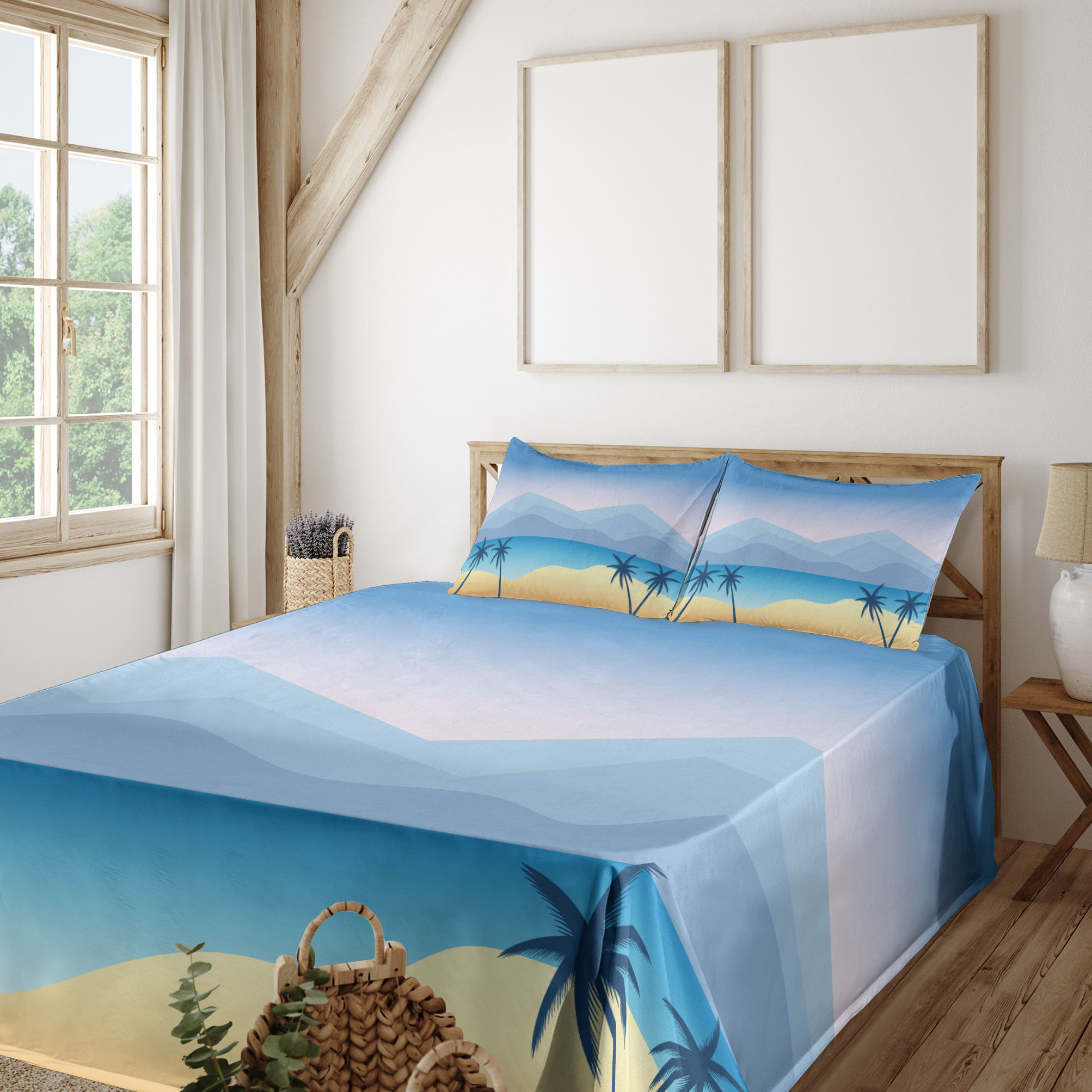 Ambesonne Tropical Sheet Set Beach Palm Tree Mountain Deep Sky Blue and ...