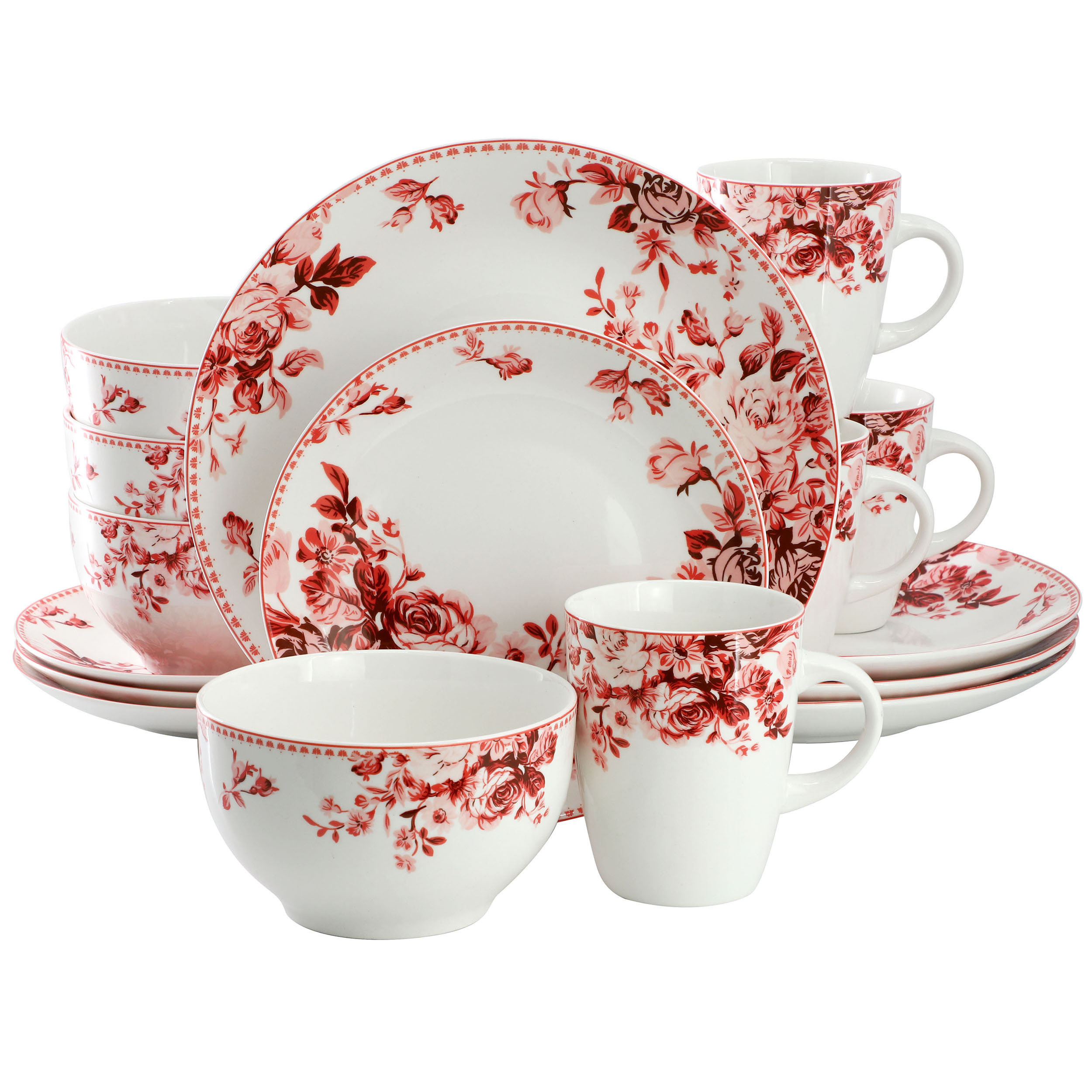 Lark Manor™ Traditional Red Rose 16 Piece Stoneware Dinnerware Set ...