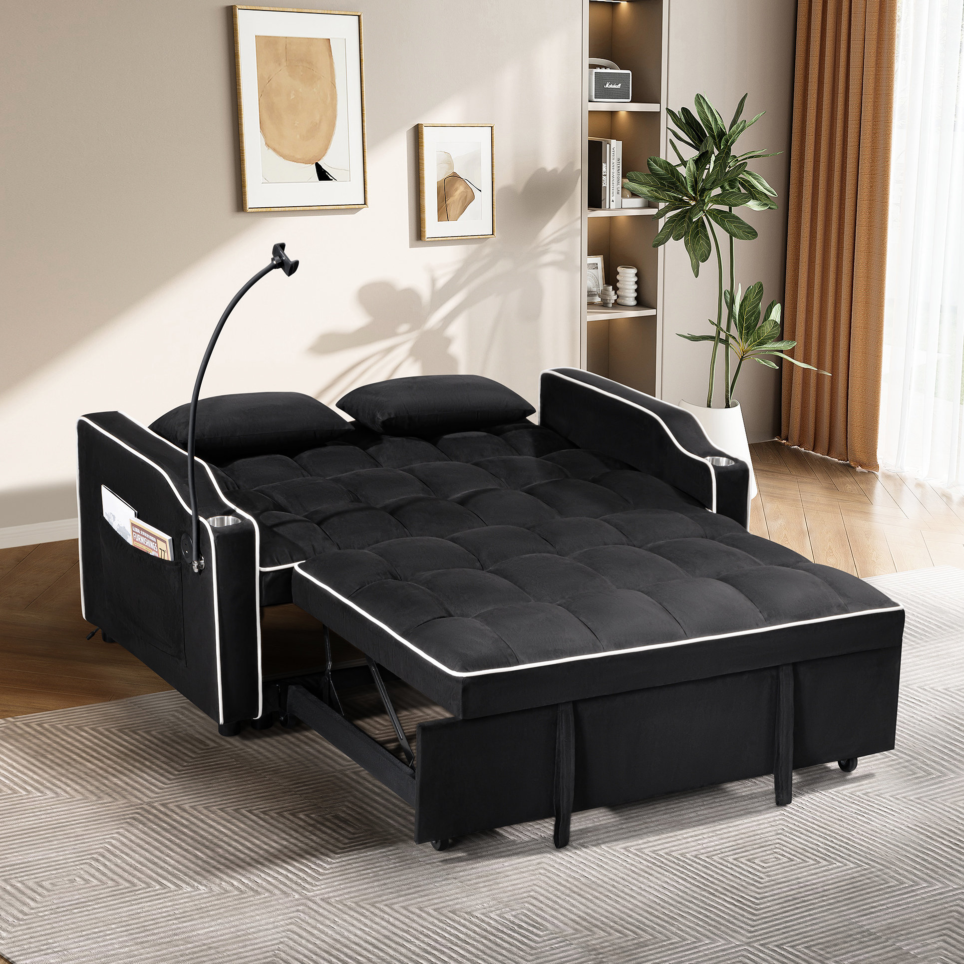 Winston Porter Modern Adjustable Back Bed In Black Suede, With And ...
