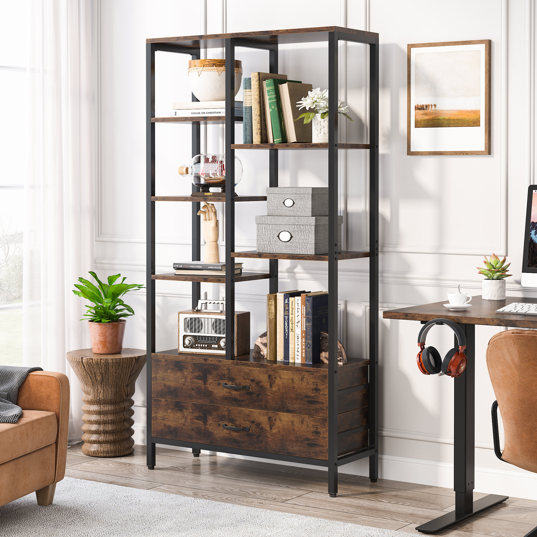 17 Stories Raivyn 66.92" Tall Etagere Bookcase Bookshelf with 2-drawers ...