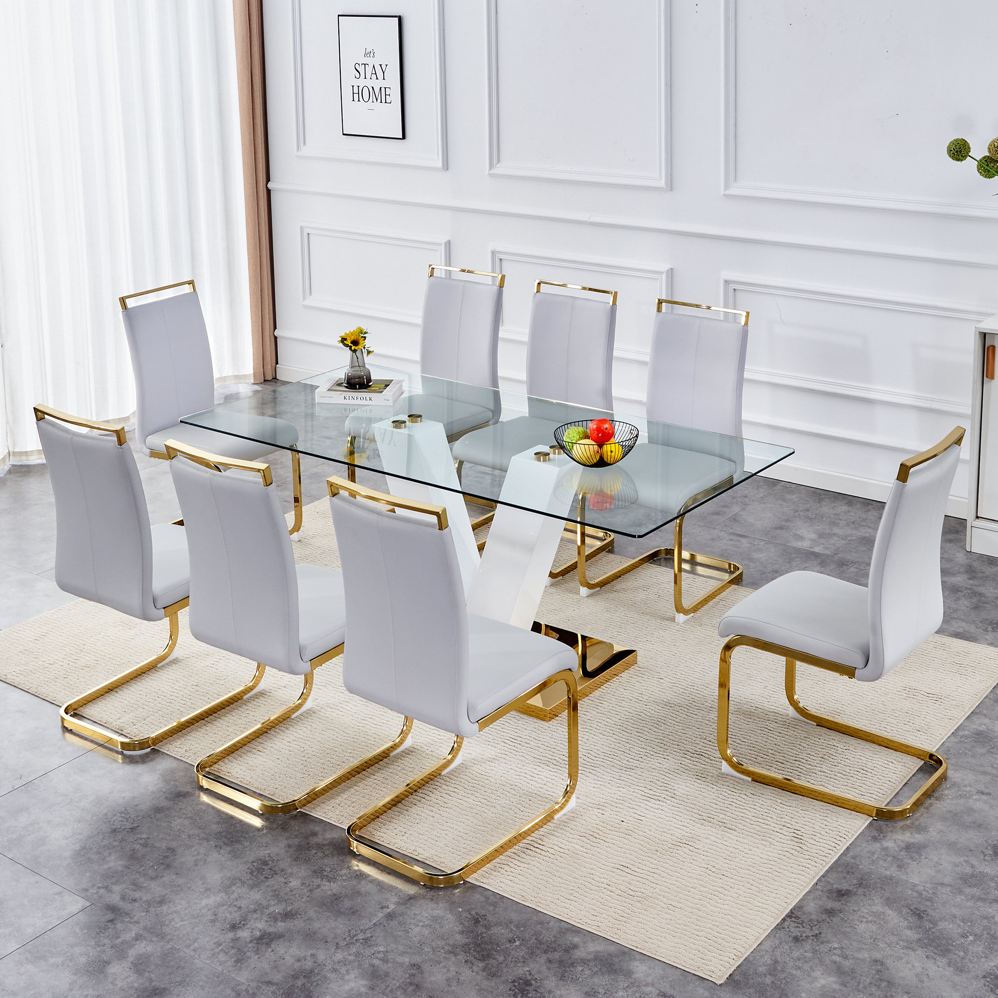 Everly Quinn "x35.4" clear tempered glass dining table with 8 light ...