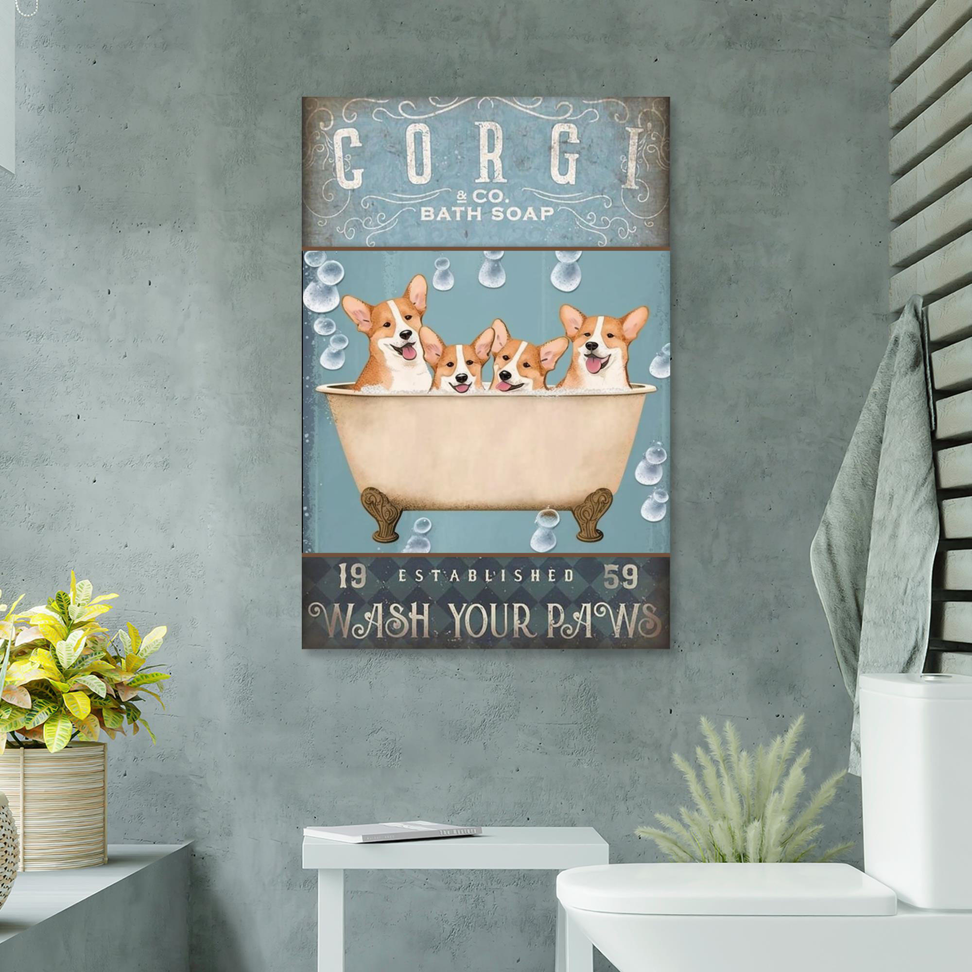Trinx Corgi Bath Soap On Canvas Graphic Art | Wayfair