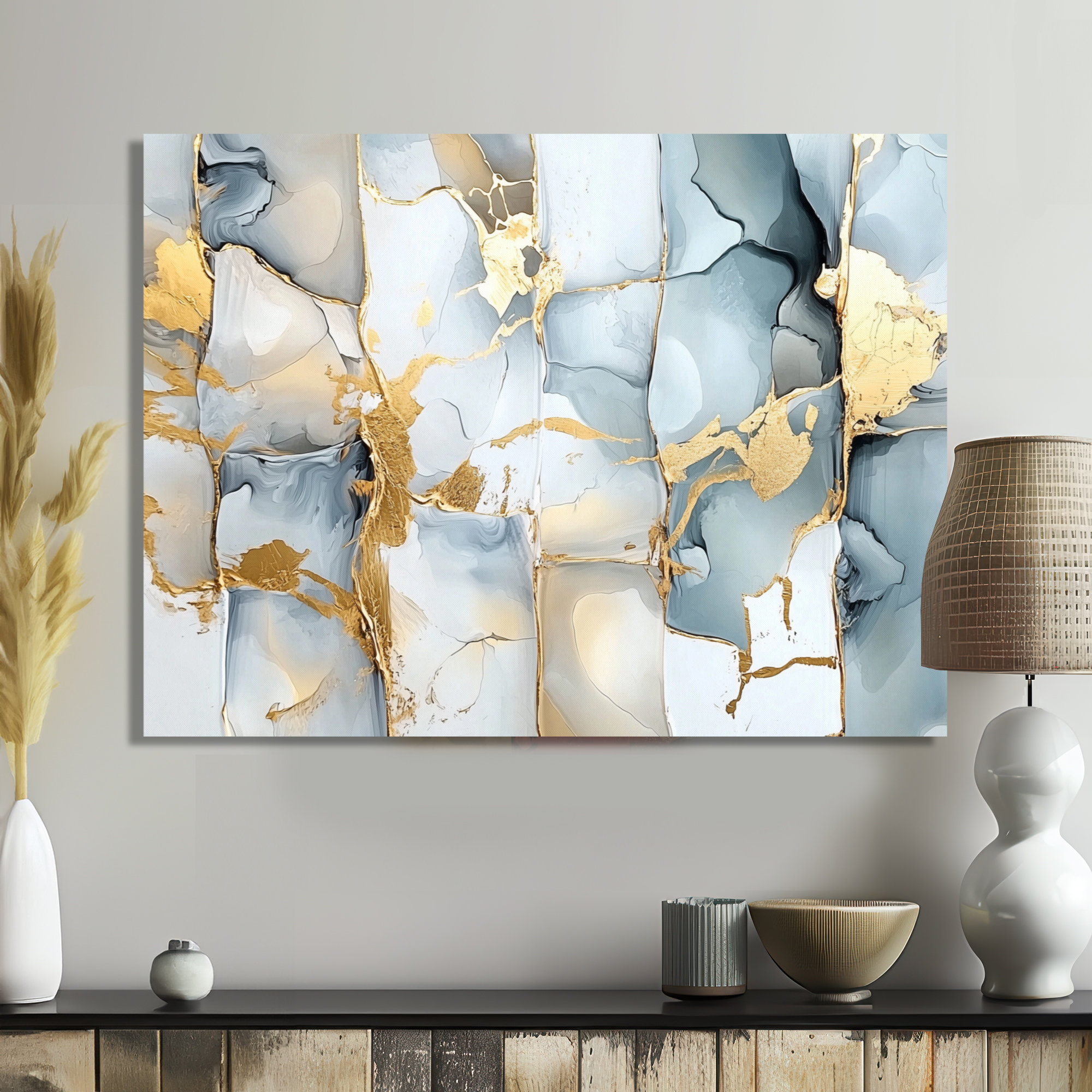 Latitude Run® Shattered Gold And Grey Marble II - Abstract Cubism Wall Art Living Room | Wayfair