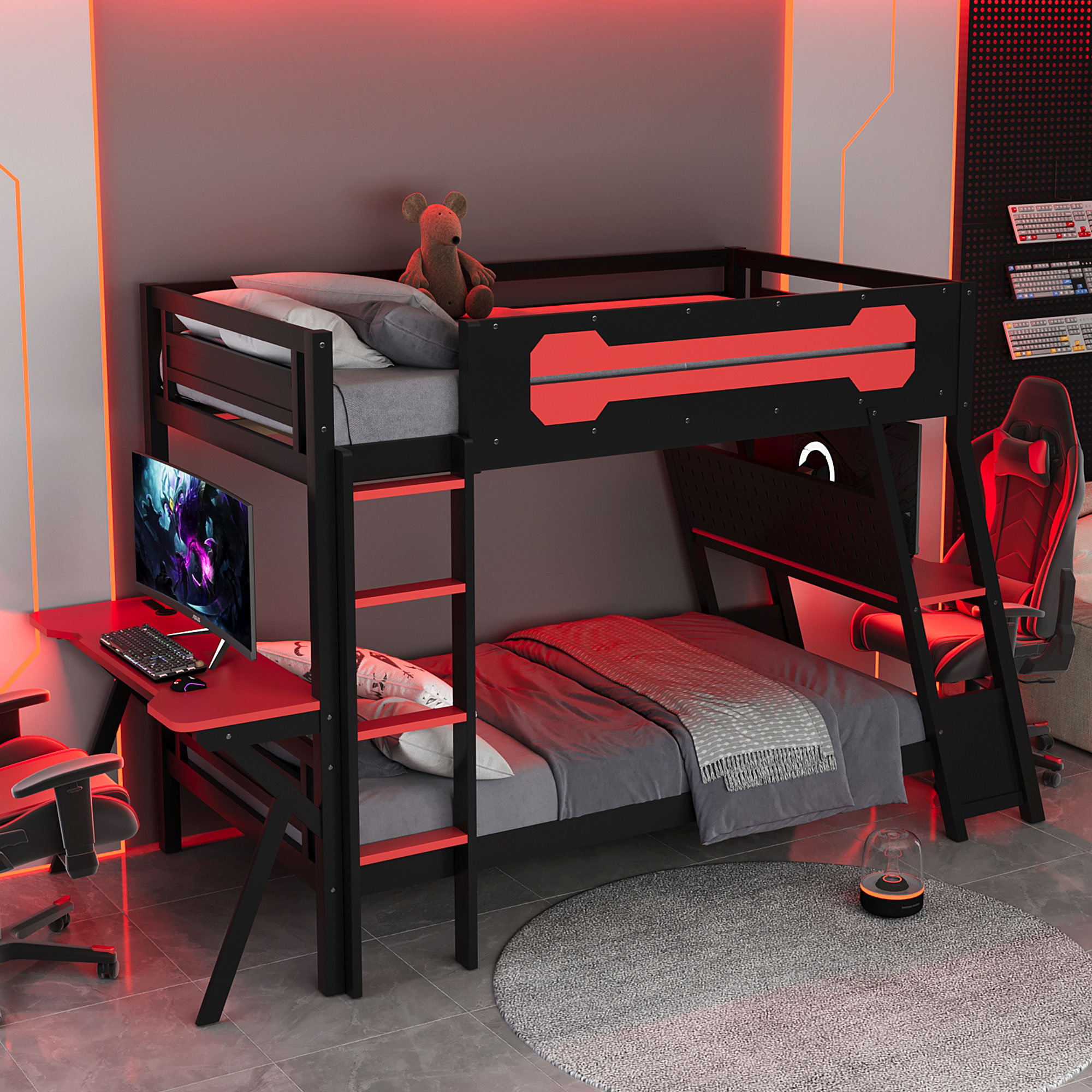 Ivy Bronx Bunk Bed with Two Built-In Gaming Desks, USB Desktop Ports ...