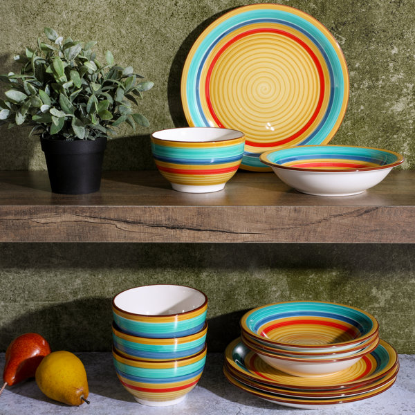 Gibson Home Rainbow 12 Piece Hand-Painted Stoneware Dinnerware Set ...
