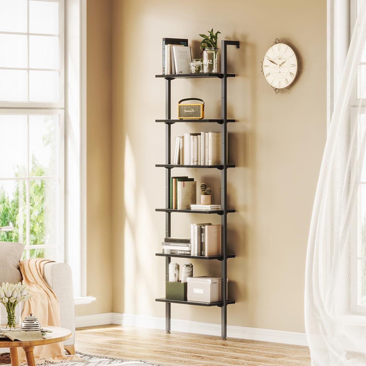 17 Stories 6 Tier Black Ladder Shelf, 72 Inch Bookshelf with Metal ...