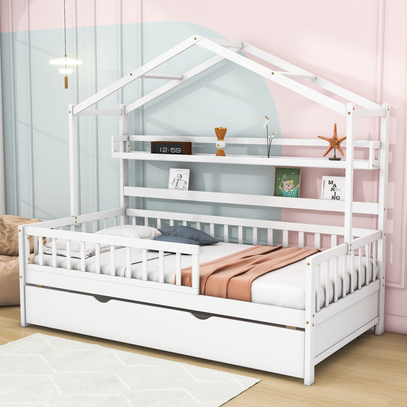 Harper Orchard Bounaga Wood House Bed with Shelf and Trundle | Wayfair
