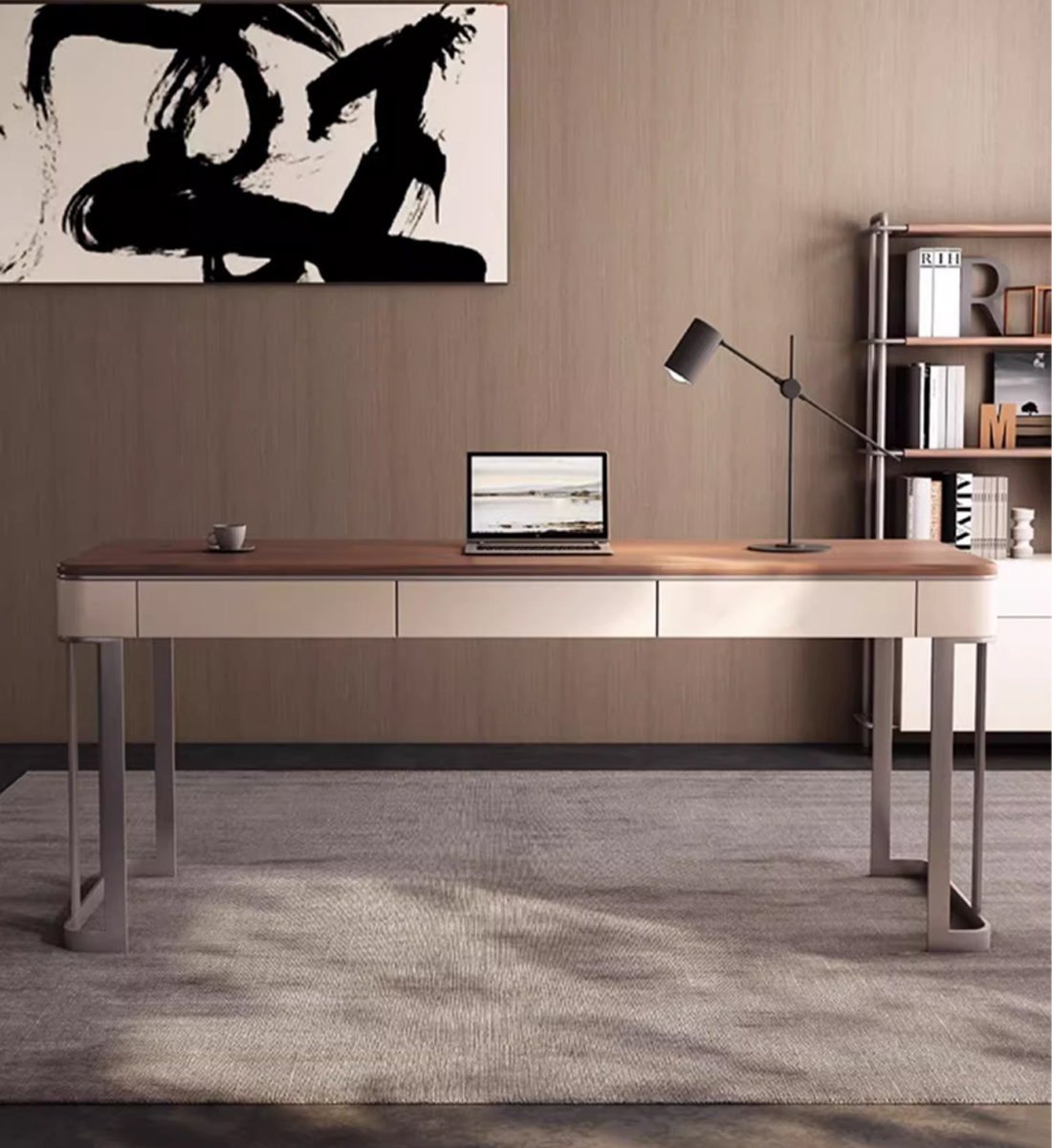 EliteFurnishings Brown Rectangular Solid Wood + Stainless Steel Desks ...