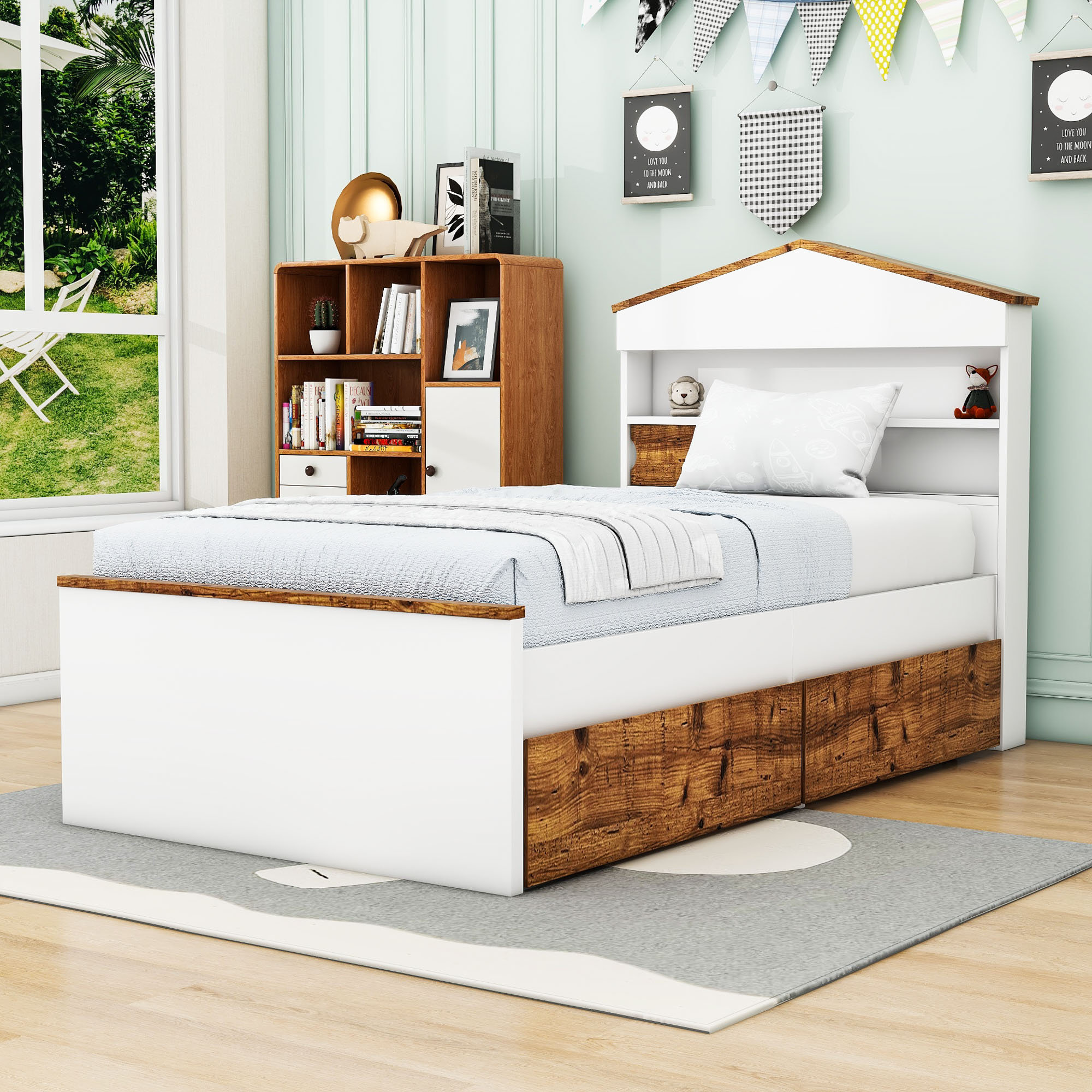 Lark Manor™ Dezon House-Shaped Wood Twin Bed with Storage Shelf & 2 Drawers | Wayfair