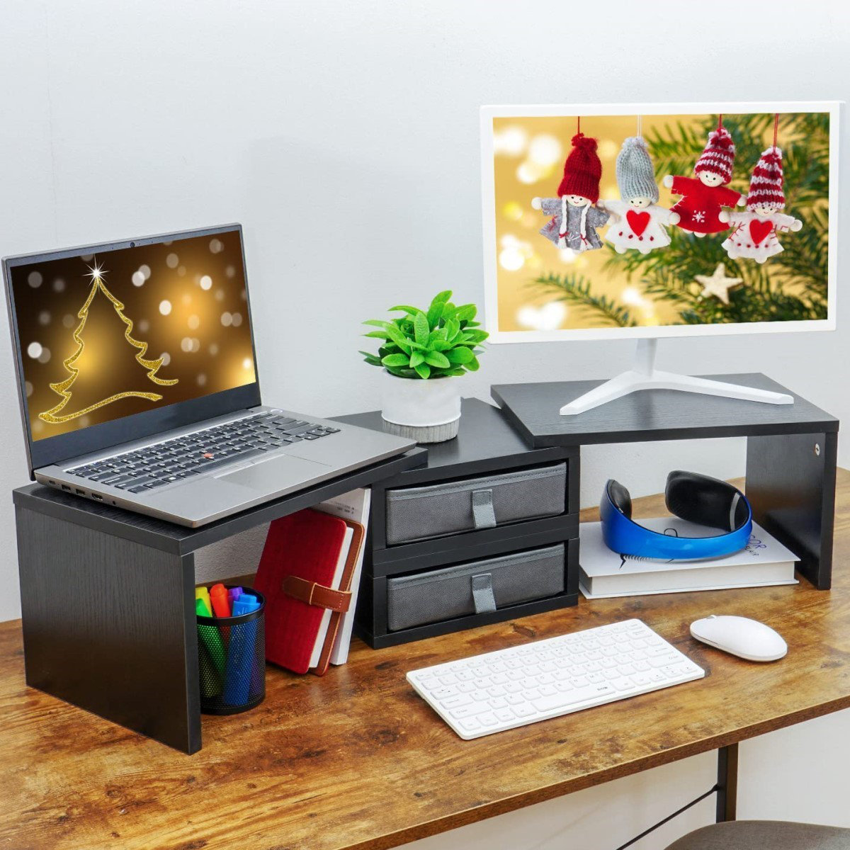 Hokku Designs Dual Monitor Stand Riser with 2 Drawers-Length and Angle ...