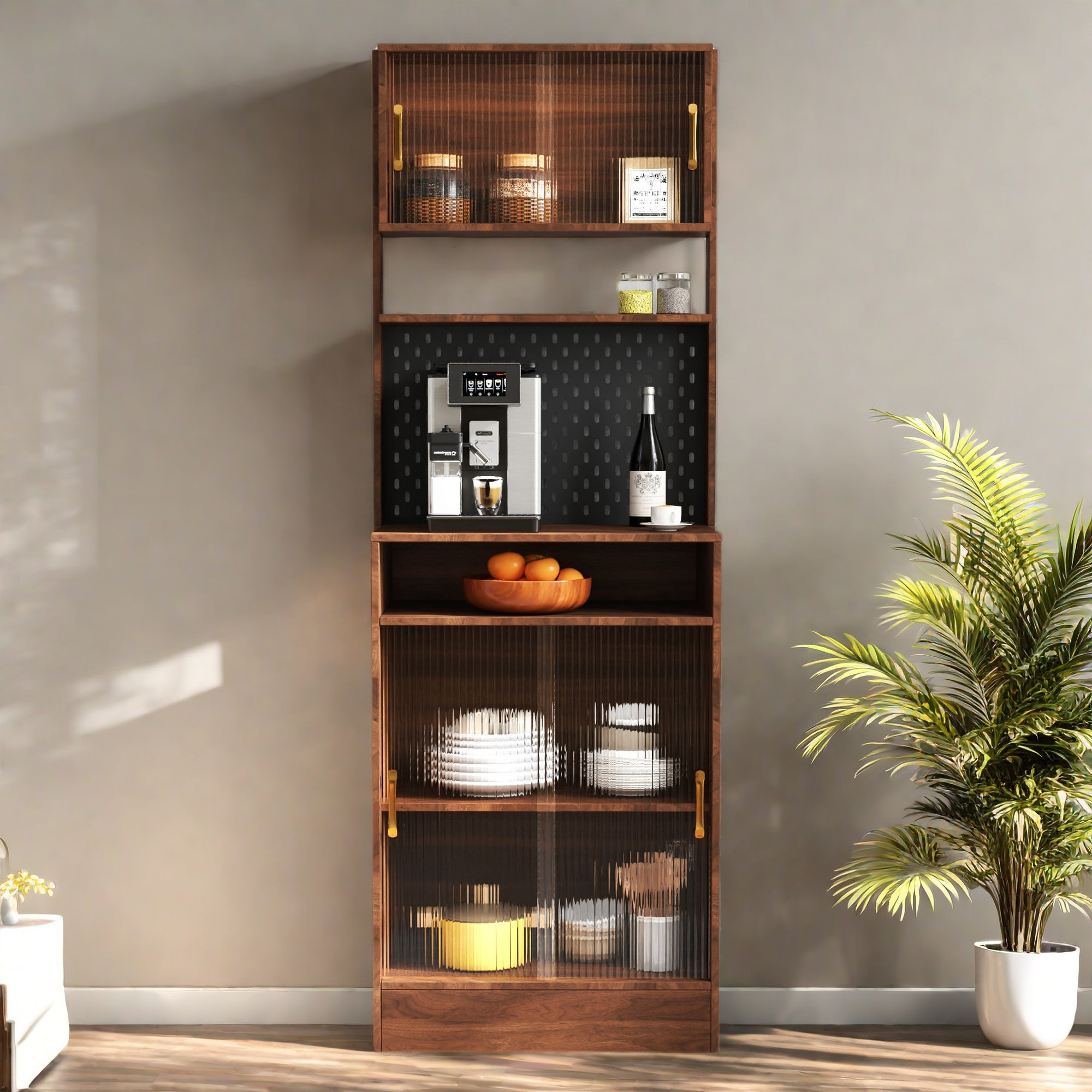 Ebern Designs Kitchen Pantry Sideboard With 2 Sliding Striped Glass ...