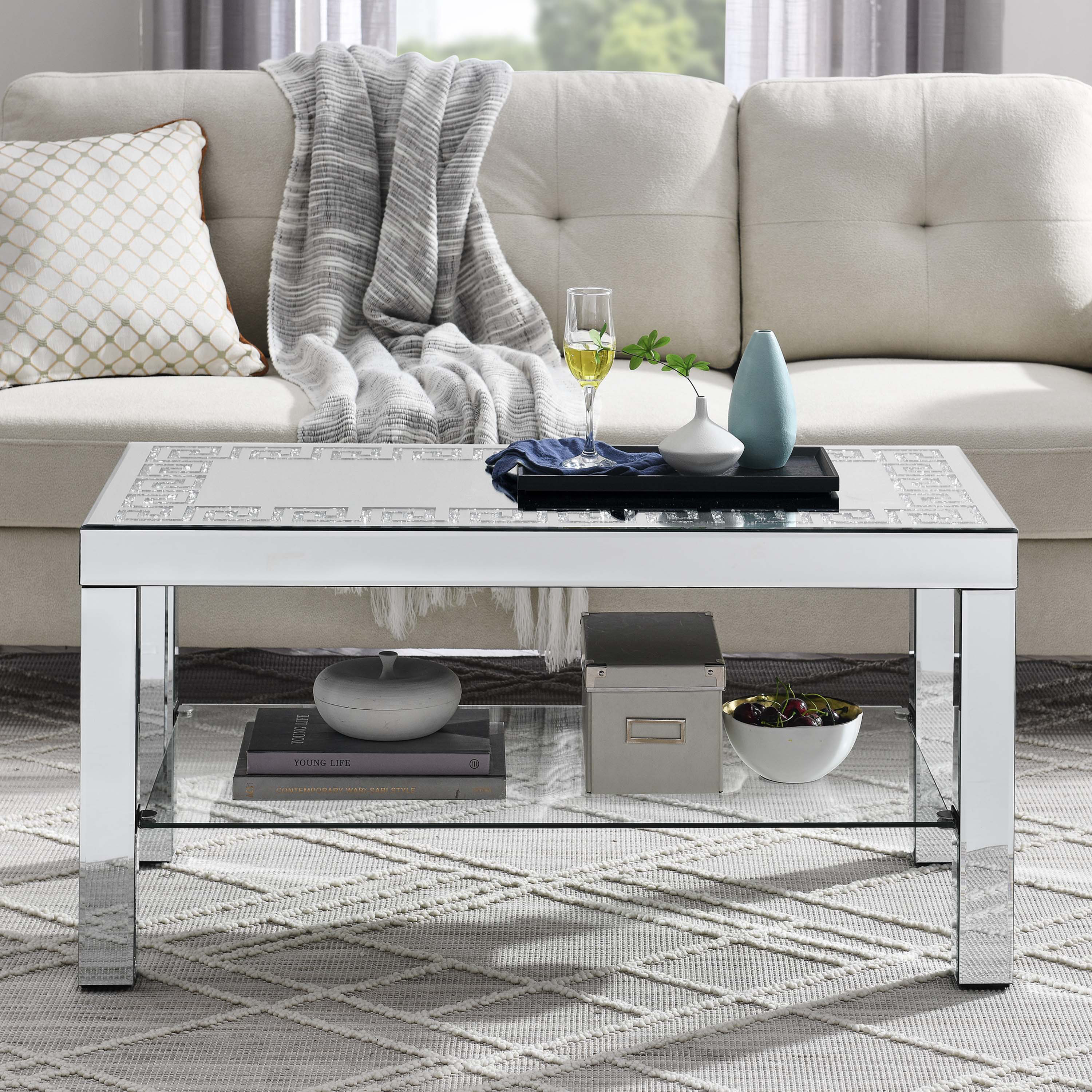 Ivy Bronx Curved border carved mirror coffee table: with sparkling ...