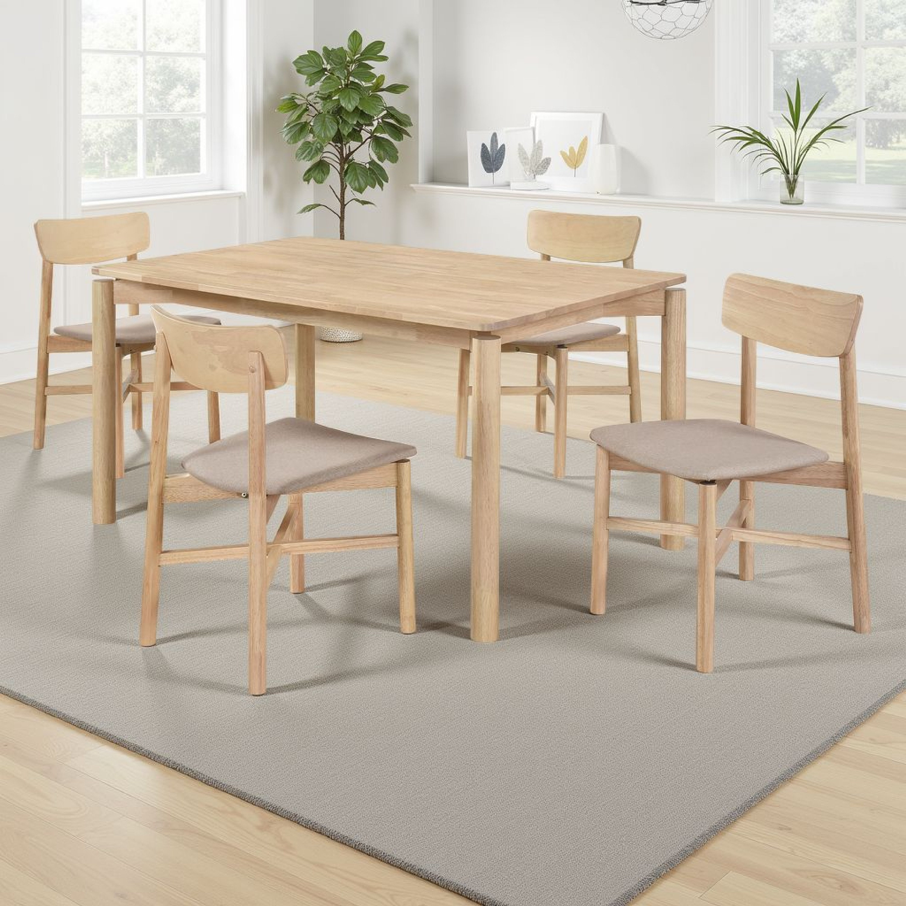 Benjara Rida 5Pc Dining Table Set W 4 Upholstered Chairs, Natural ...