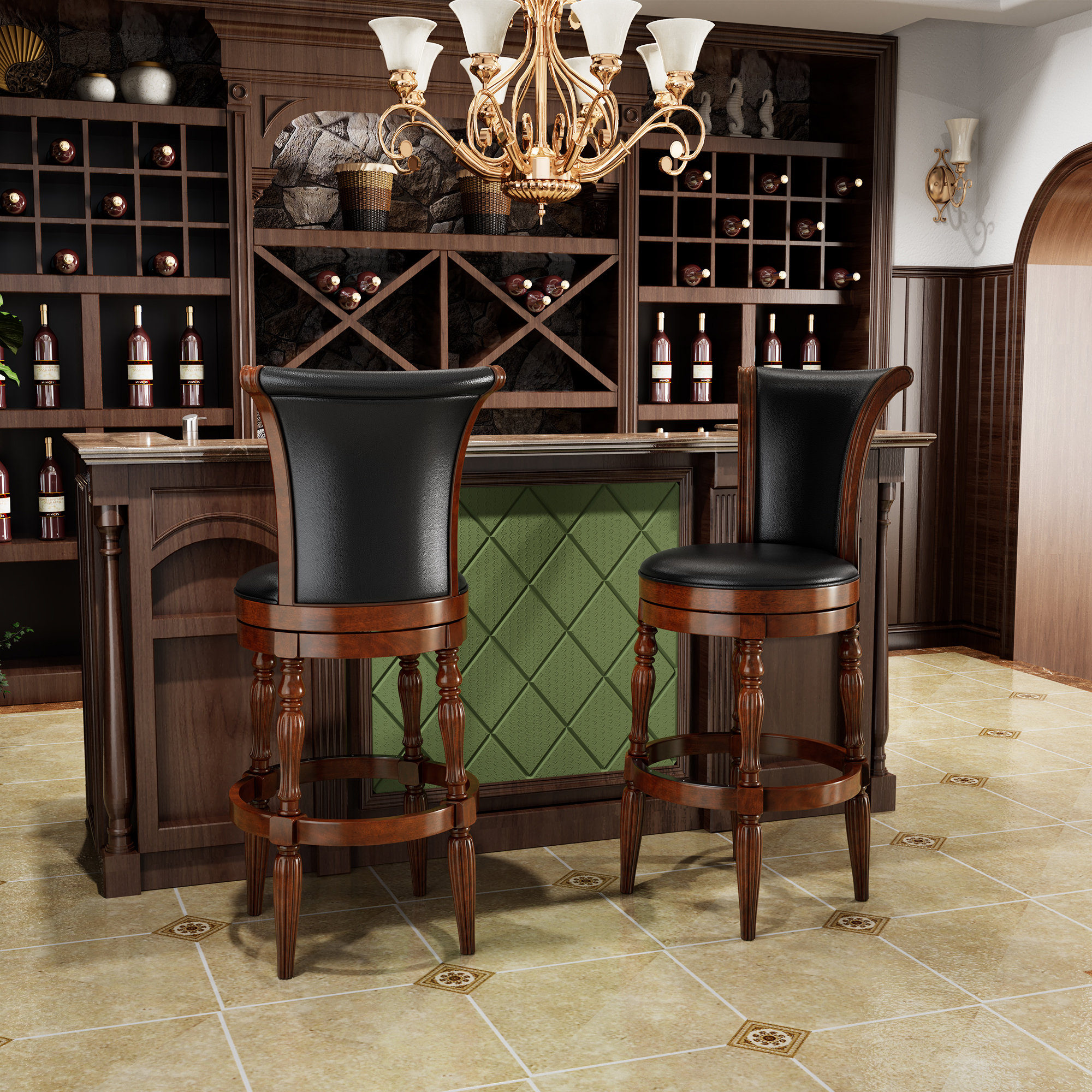 Canora Grey Laiklyn Swivel Solid Wood Bar Stool with PU Upholstered ...