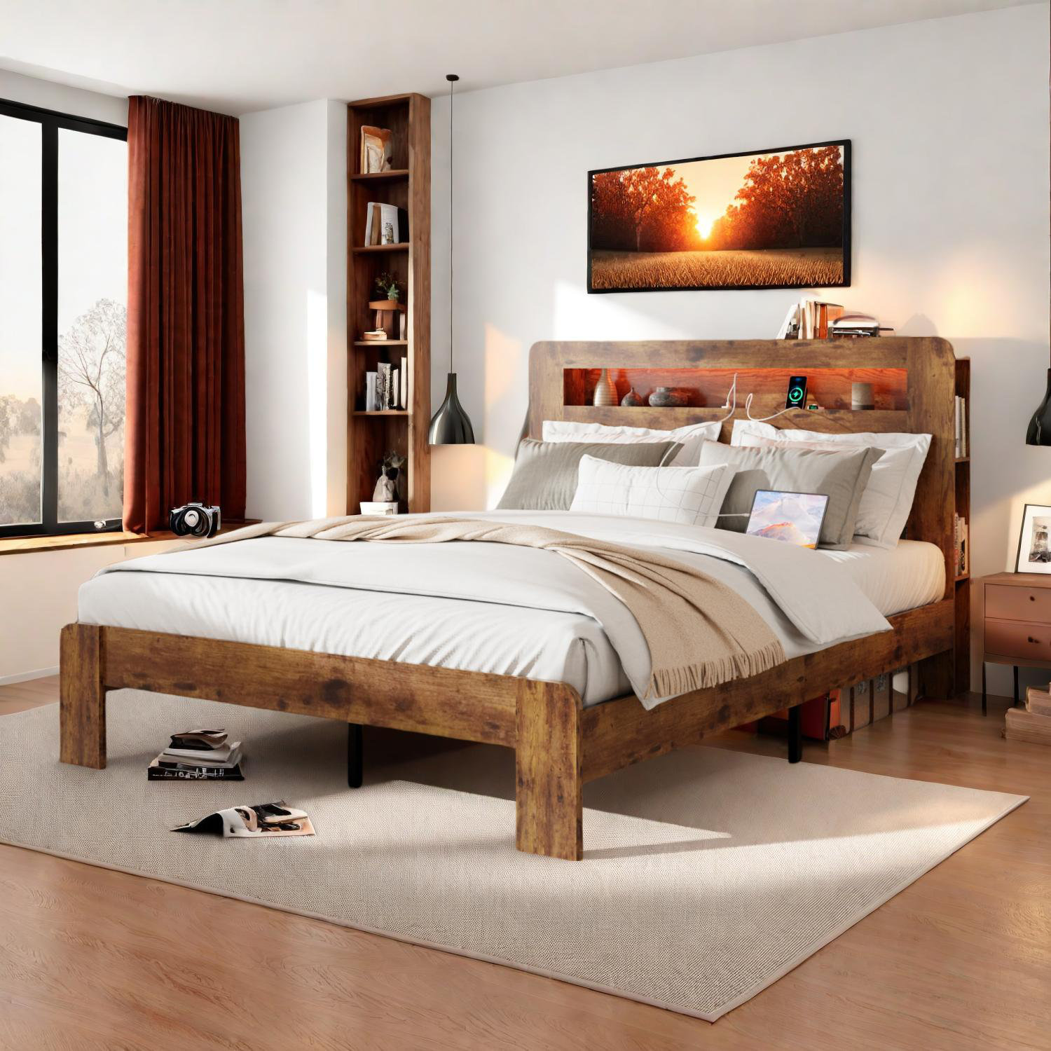 17 Stories Queen Size Wood Platform Bed Frame with Storage LED ...