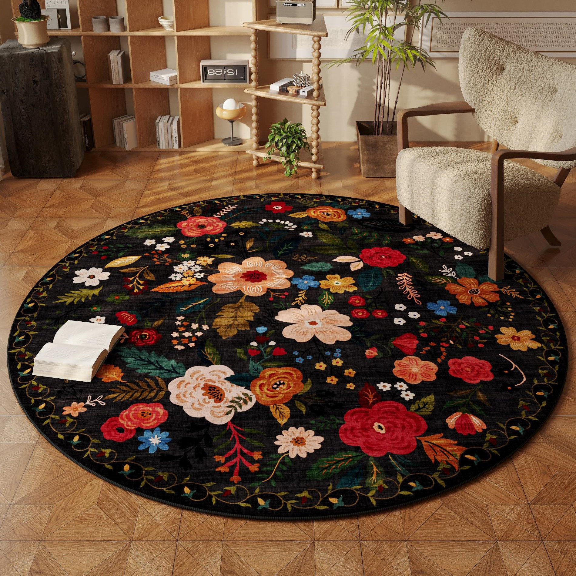 Red Barrel Studio® Boho Floral Round Rug Washable Non Slip Low Pile ...