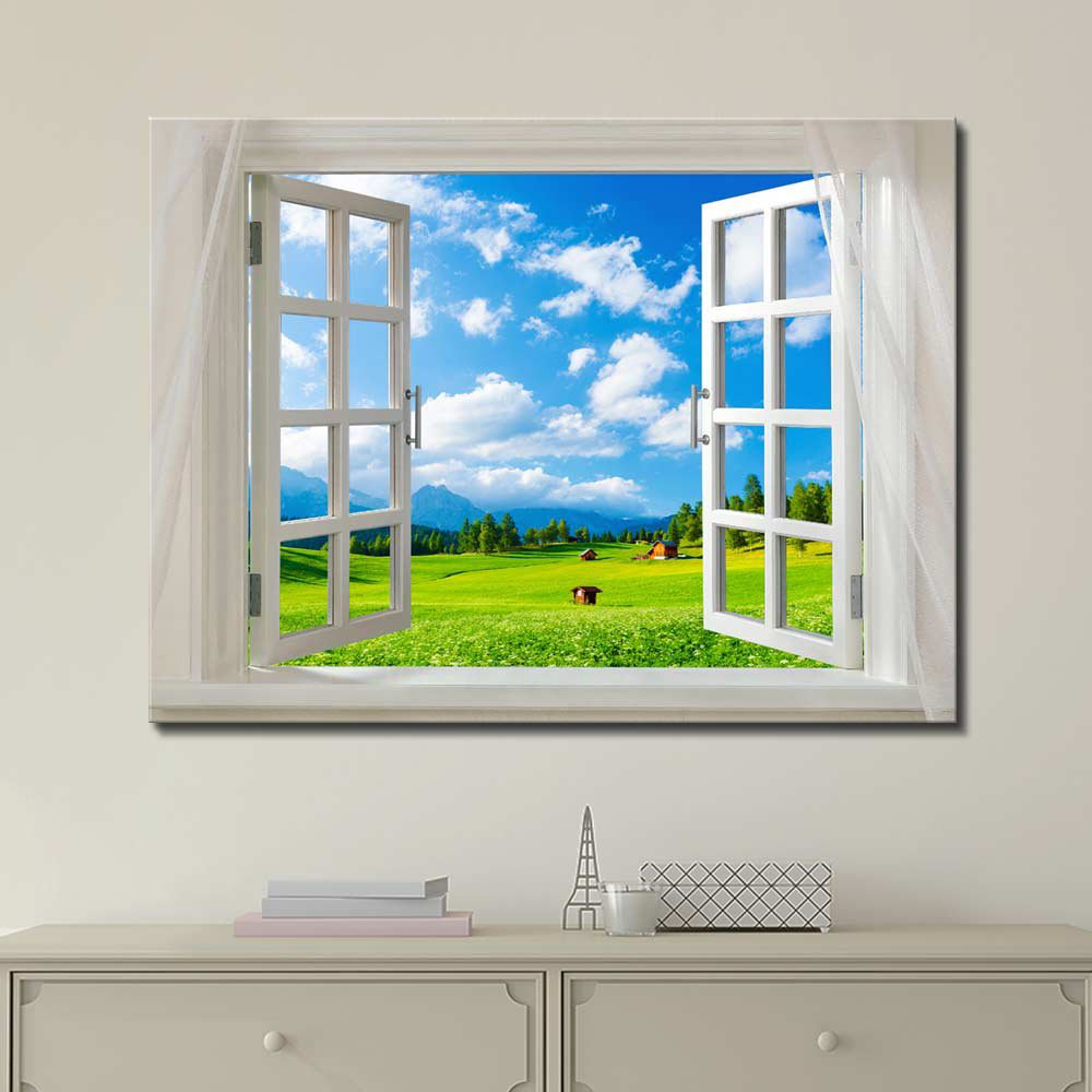 IDEA4WALL Glimpse into Blue Sky and Green Grass Land Nature Open Window ...