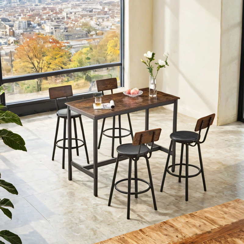 17 Stories Rustic Brown Pub High Dining Table Set, Industrial Style ...