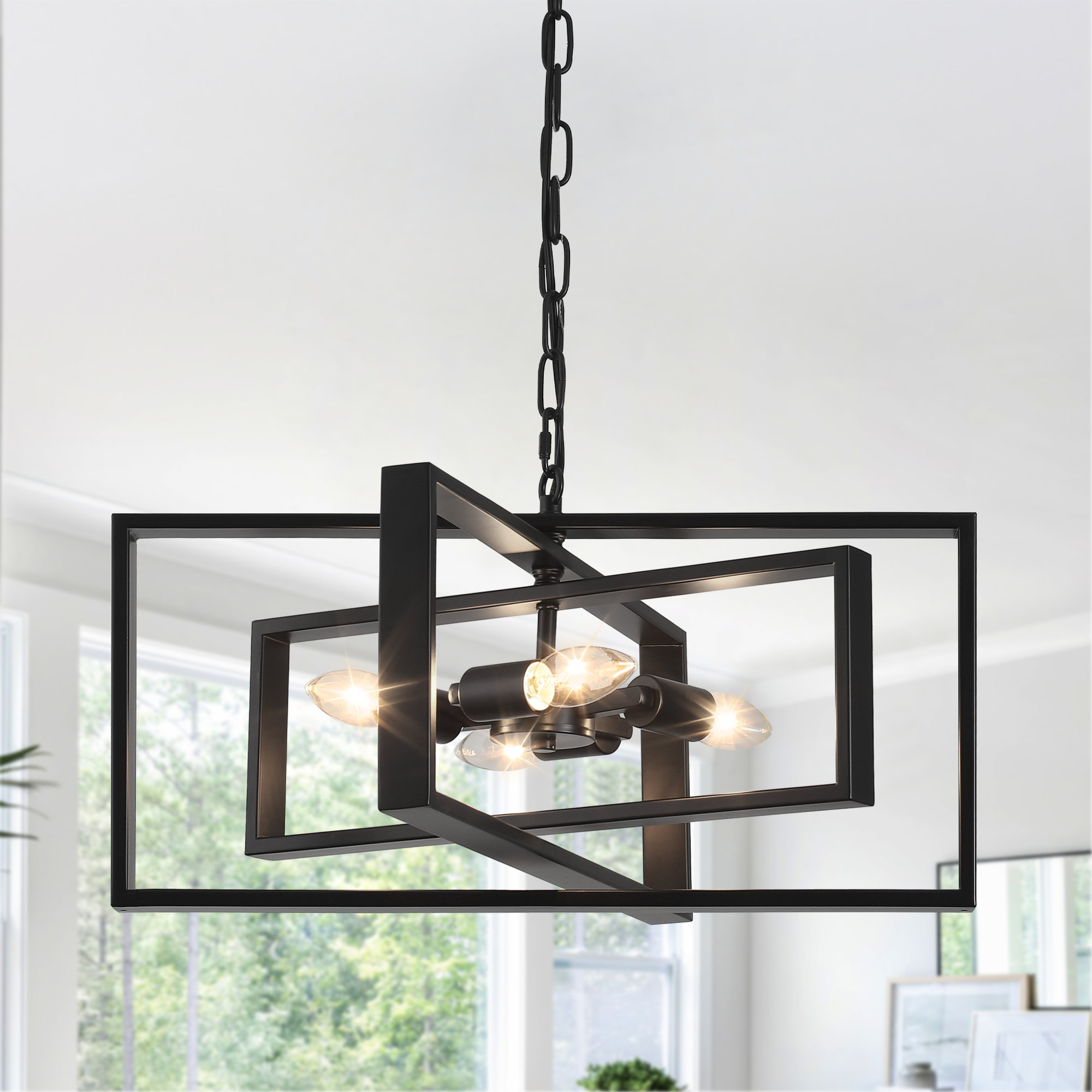 17 Stories Lustre rectangulaire en métal noir à 4 lumières à intensité ...