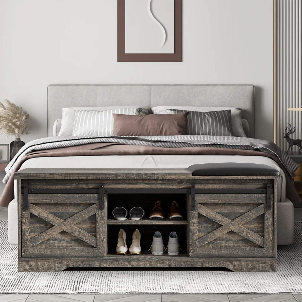 Gracie Oaks 47" Farmhouse Storage Bench With 2 Sliding Barn Doors, Wood ...