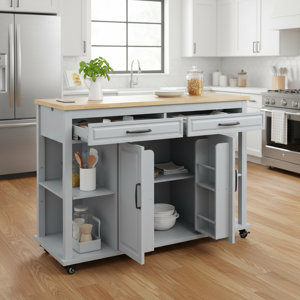Winston Porter Blue Kitchen And Dining Island, Rubberwood Extendable ...