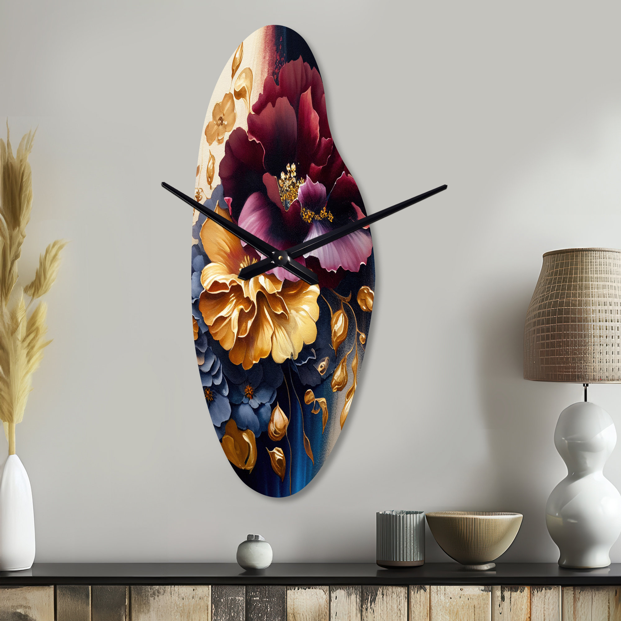 Design Art Burgundy And Blue Floral Bunch II - Curved Shape Unique ...